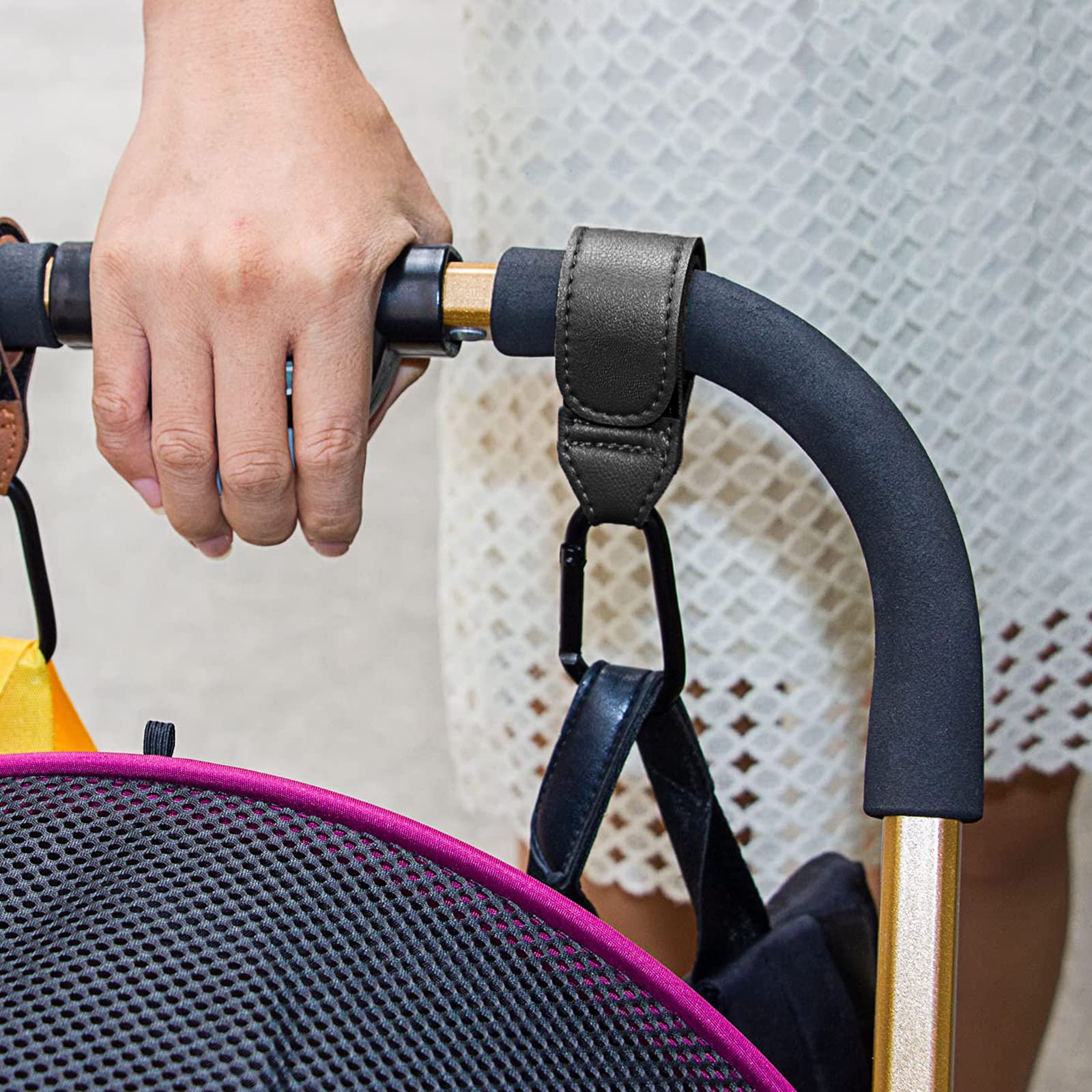 Linkidea 4 Pack Kids Stroller Hooks, Vegan Leather Pram Straps, Multipurpose Stroller Clips for Hanging Diaper, Grocery and Shopping Bags(Black)