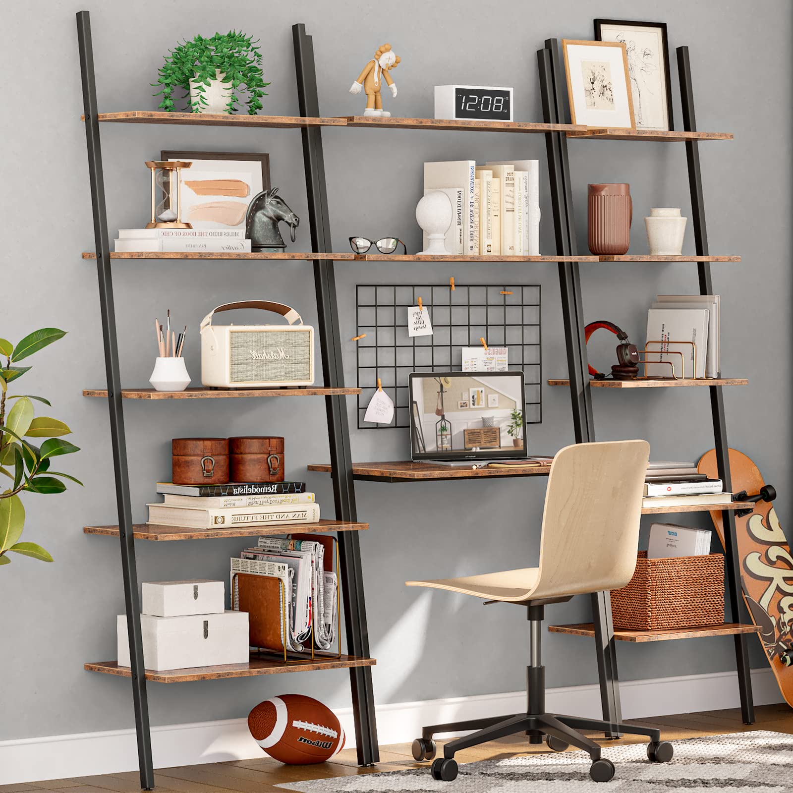 HOOBRO Ladder Computer Desk, Small Home Office Writing Desk with Bookshelf, Industrial Ladder Shelf, Sturdy Metal Frame, Space-Saving Workstation, Easy Assembly, Rustic Brown BF72DN01