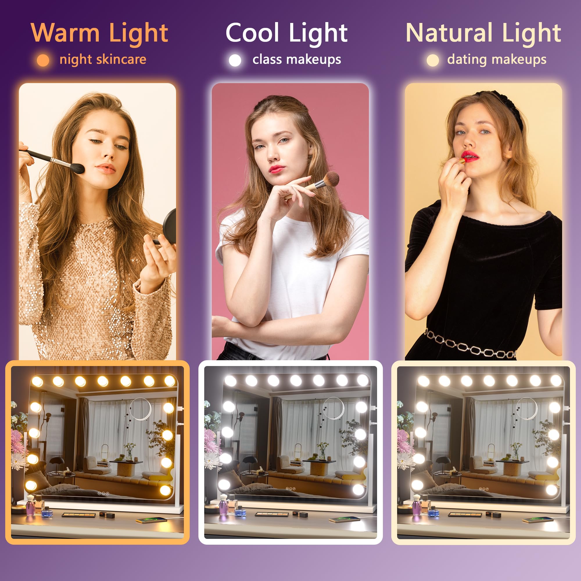 Hasipu Vanity Mirror with Lights, 22" x 18" Hollywood Lighted Makeup Mirror with 15 Dimmable Bulbs, 10X Magnification and USB Charging Port, Smart Touch 3 Colors Dimmable, 360° Rotation (Round)
