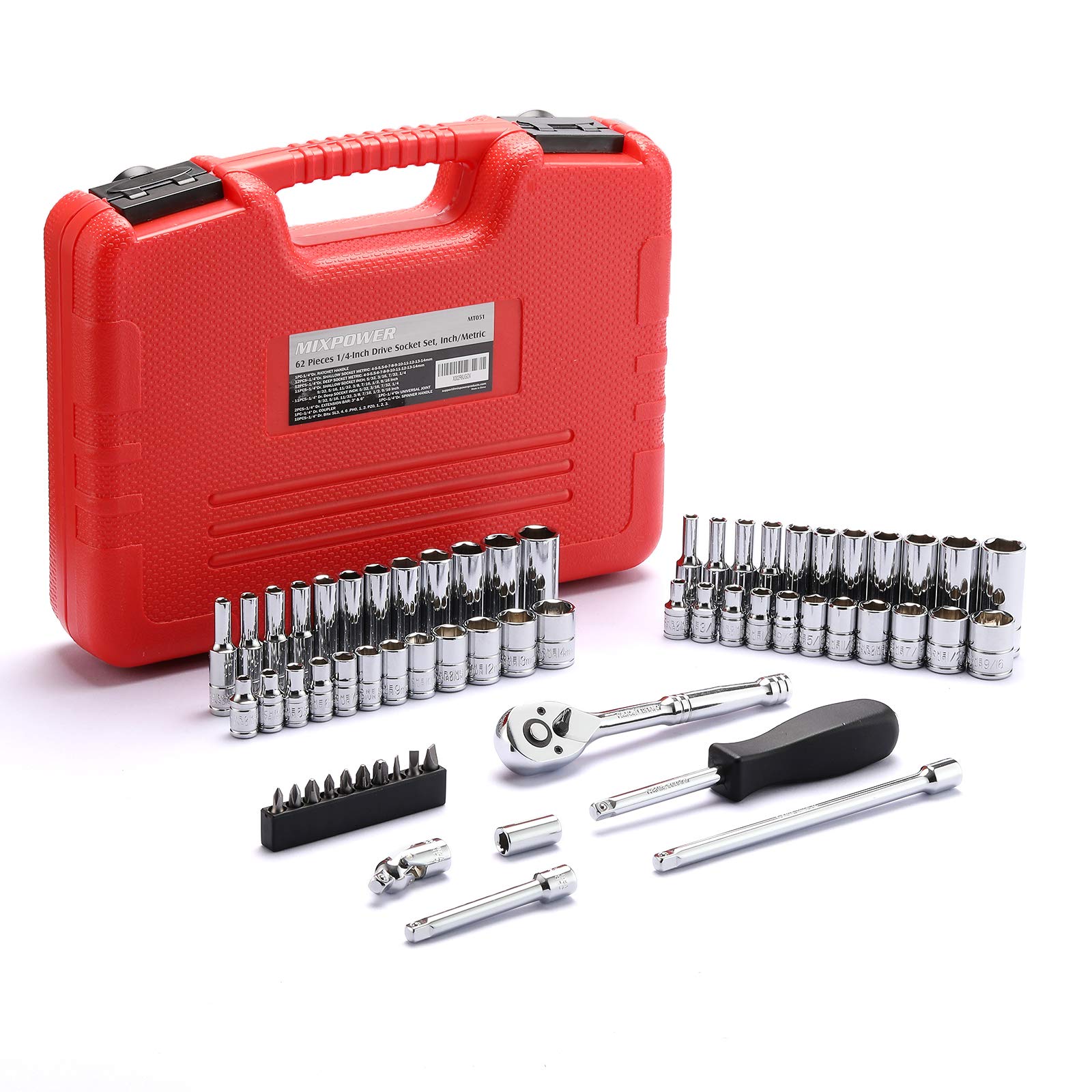 MIXPOWER 62-Piece 1/4-Inch Dr. Master Socket Set with Ratchets,Universal Joint, Extensions with 1/4'' Dr. Bits Set, SAE/Metric 6-Point 5/32-Inch - 9/16-Inch, 4 mm - 14 mm, CR-V Socket