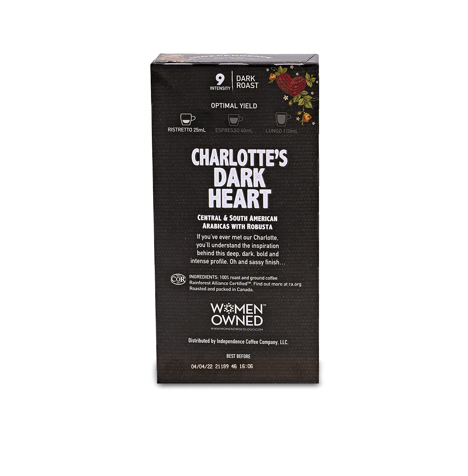 Independence Coffee Co. Nespresso Compatible Capsules, Compostable Plant Based Coffee Pods, Charlotte's Dark Heart, Dark and Intense Espresso Coffee, 10 Count (Pack of 6) - Compatible with Nespresso OriginalLine Espresso Makers