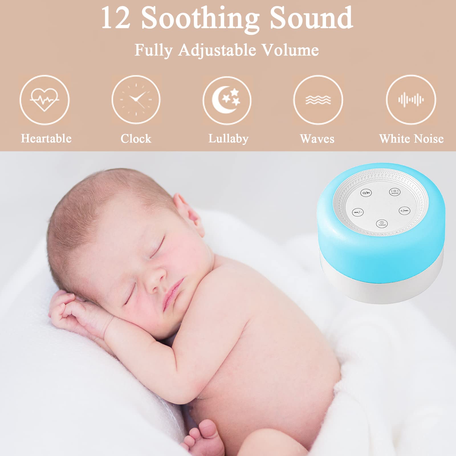 Moeccei White Noise Machine, Baby Sound Machine with 7 Color Night Light, Portable Sleep Machine with Soothing Sounds, Full Touch Control, Timer and Memory Features for Adults Babies(White)