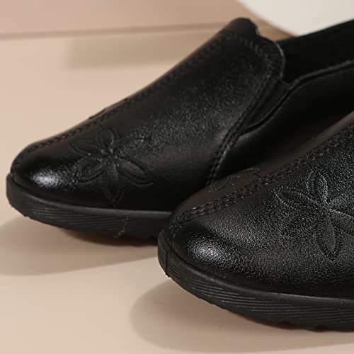 Ladies Fashion Solid Color Leather Flower Embroidery Flat Comfortable Casual Shoes Rubber Sole Shoe