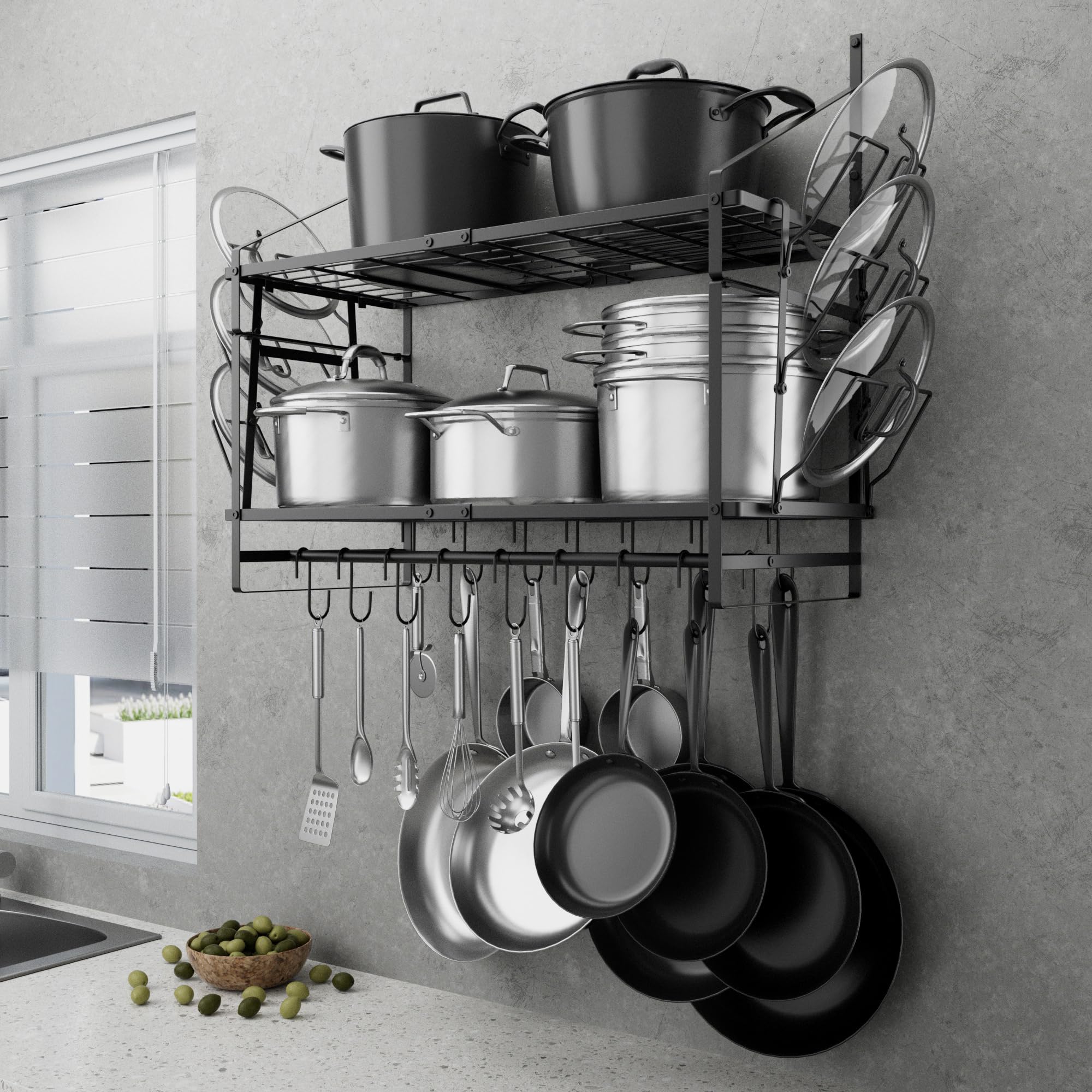 HOYRR Hanging Pot Rack Wall Mounted,30 Inch Wall Hanging Pot Rack,Pot Hangers for Kitchen Wall Mount,Pot And Pan Hanger Side Piece with 2 Pieces Pans Lids Organizer,Wall Pot Rack Hanging Rod+16 Hooks