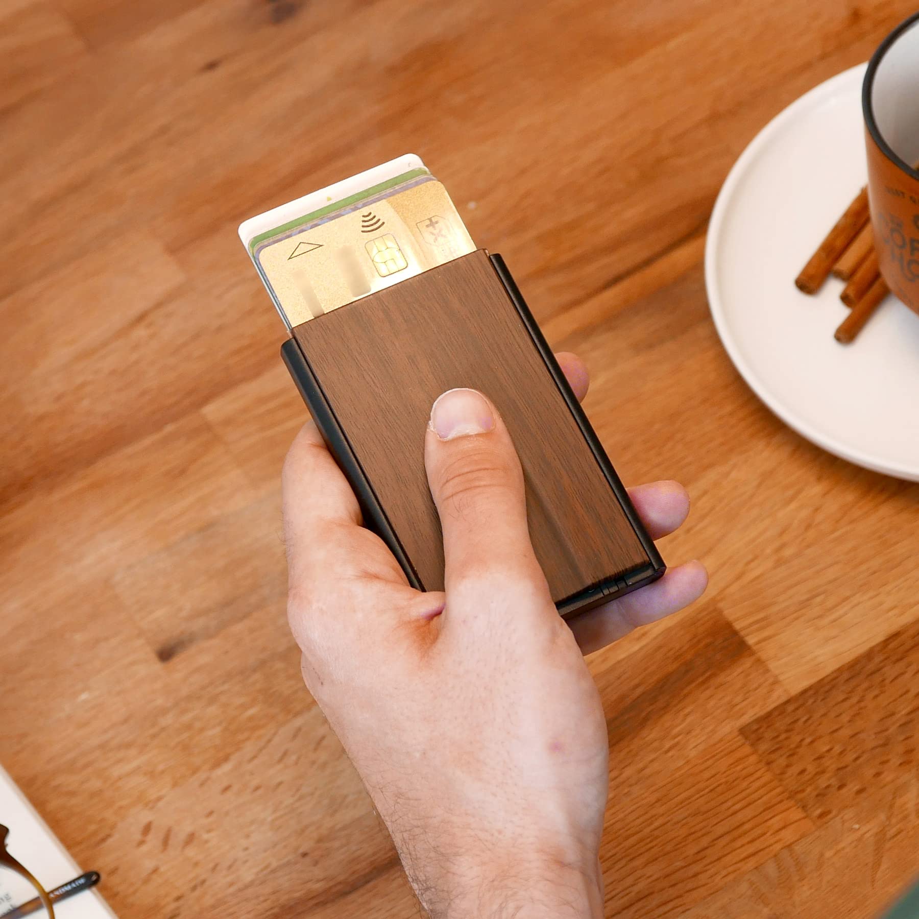 ÖGON -DESIGNS- Aluminum automatic card holder Slider - RFID Blocking – The original minimalist slim wallet for men and women - Up to 6 cards (Covering wood imitation Sequoia)