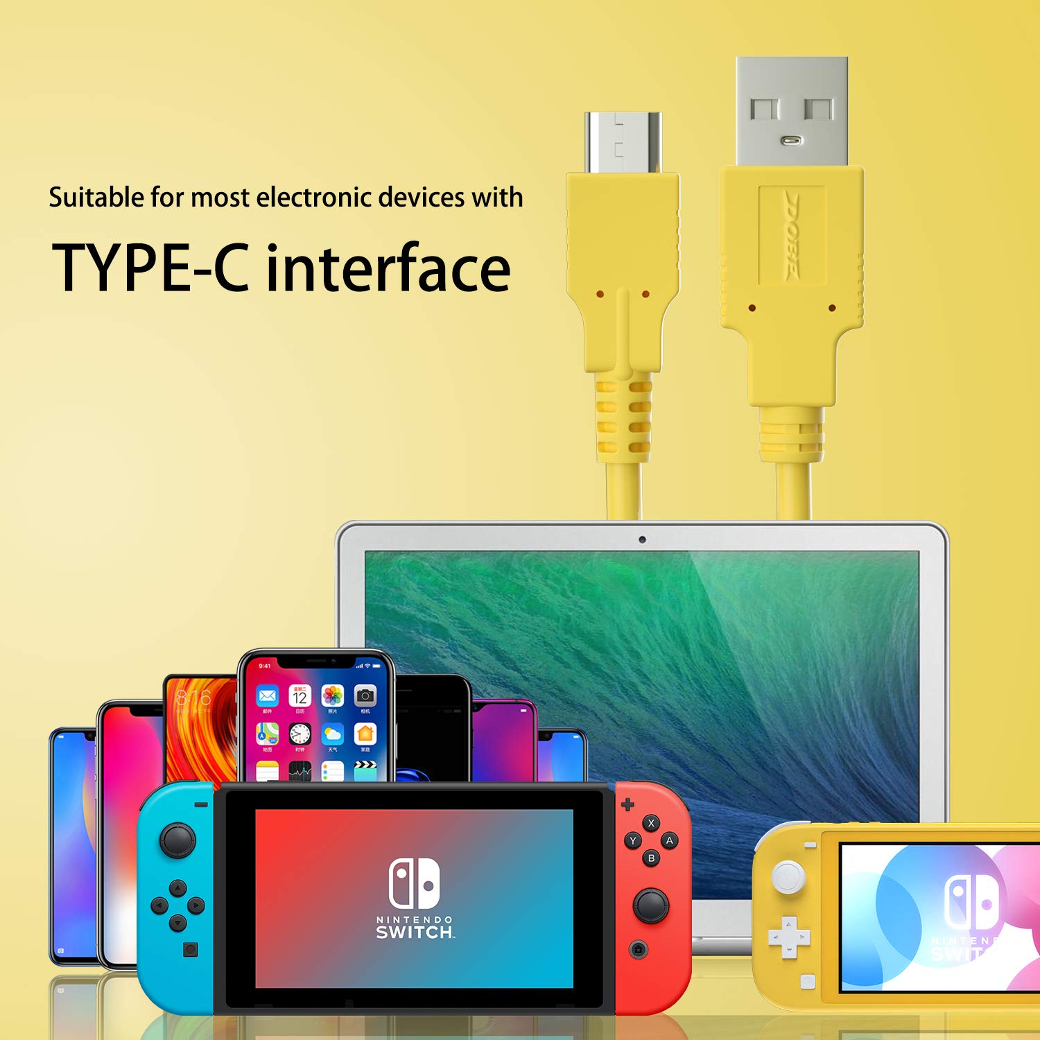 HEATFUN Yellow USB C Charger Cable for Switch, MacBook, Pixel C, LG Nexus 5X G5, Nexus 6P/P9 Plus, One Plus 2, Sony XZ and More - Fast Charging (4.92ft)