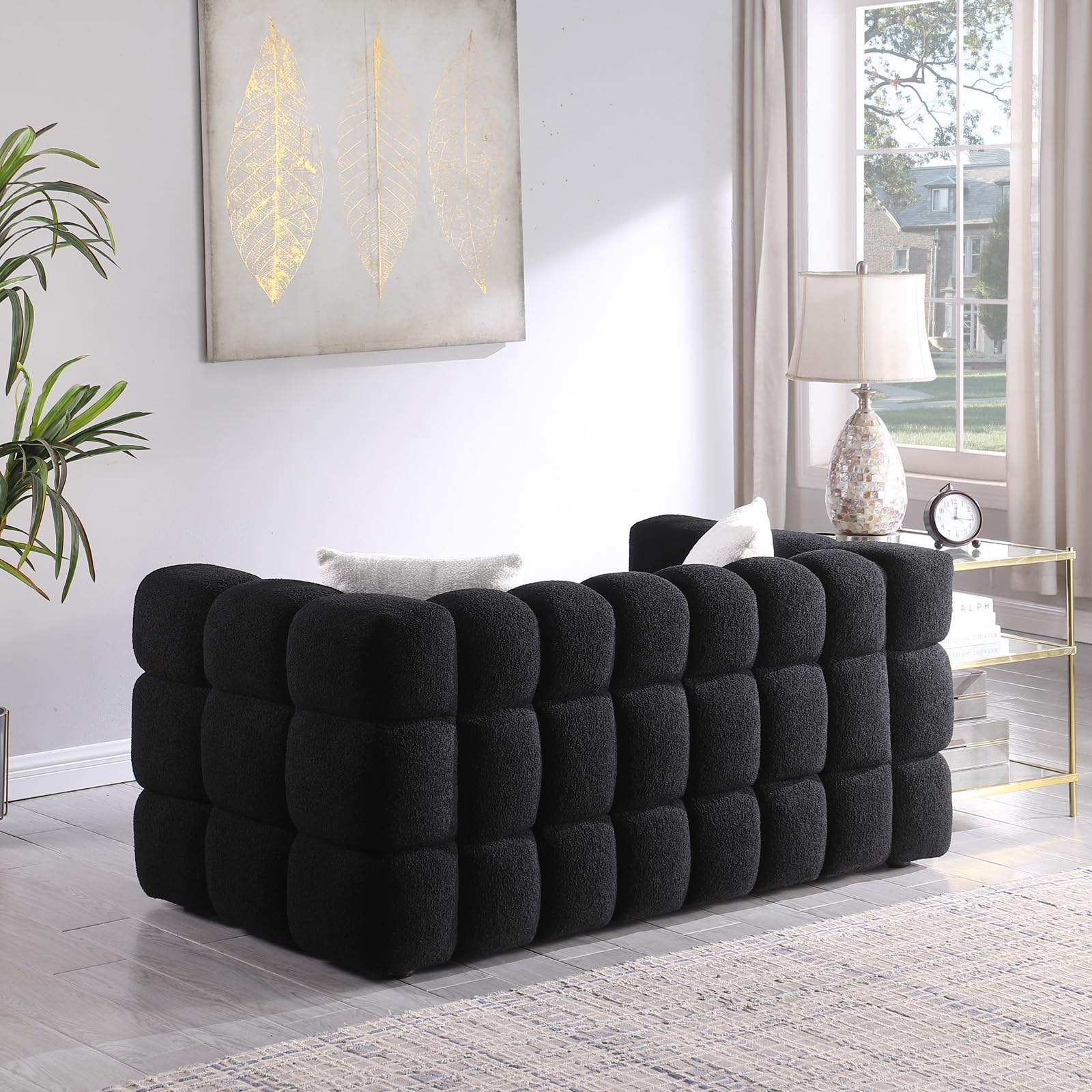 OUYESSIR 62" Modern Teddy Cloud Loveseat Couch for Living Room, Comfy Boucle Tufted Deep 2 Seat Sofa, Upholstery Decor Small Love Seat Futon Couch with 2 Pillows for Apartment, Office, Olive Green
