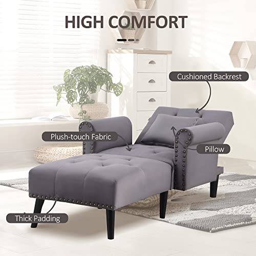 HOMCOM 2-in-1 Chaise Lounge Indoor with Rolled Armrest, Nailhead Trim and Button Tufting, Adjustable Velvet Fabric Upholstered Sofa for Bedroom and Living Room, Red