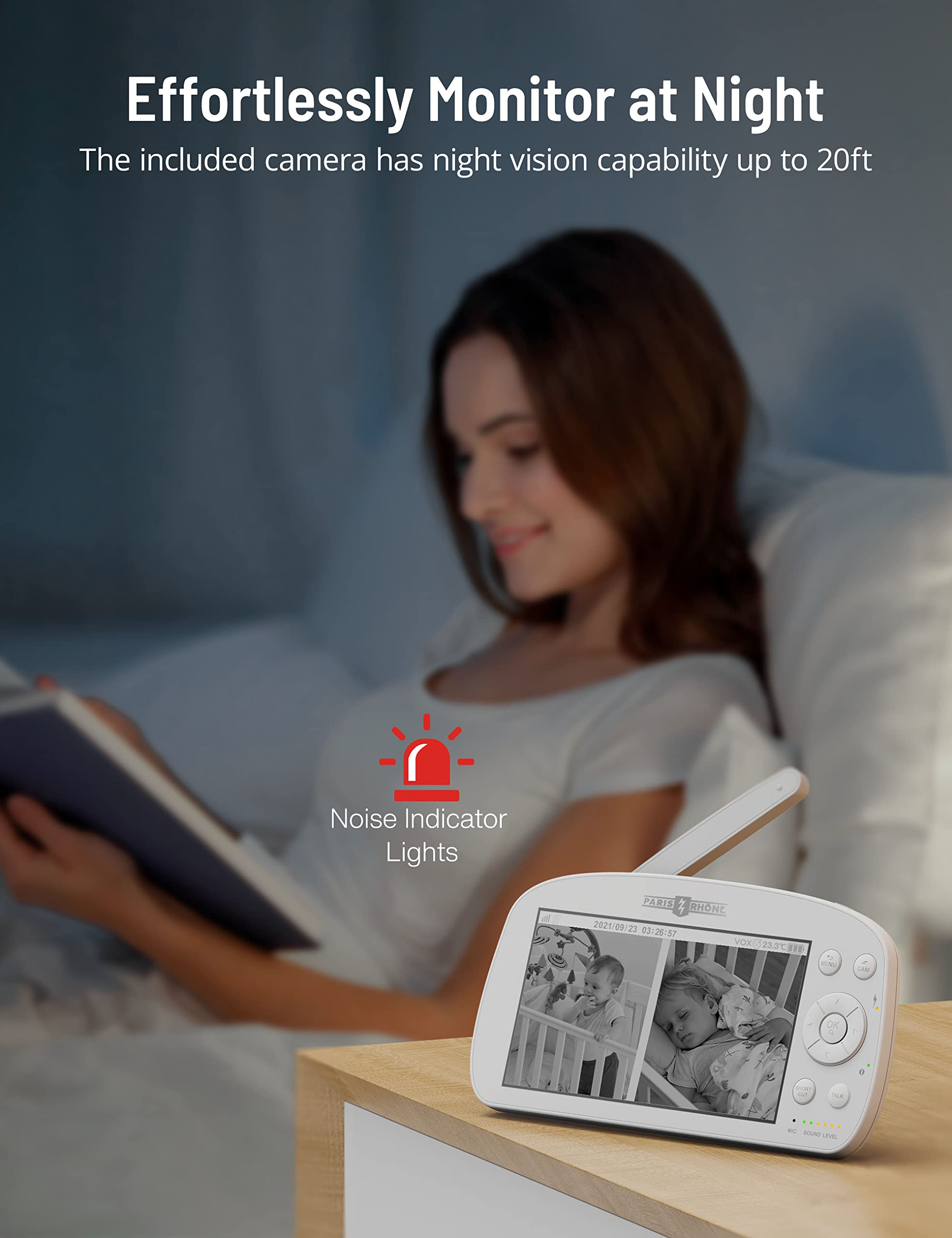 PARIS RHÔNE Baby Monitor, 5.5" 1080P Split Screen Baby Video, 2-Way Talk, 1000ft Range, 5000mAh Battery, HD Night Vision, Pan Tilt Zoom, VOX Mode, Temperature Sensor, White (PE-IH004)