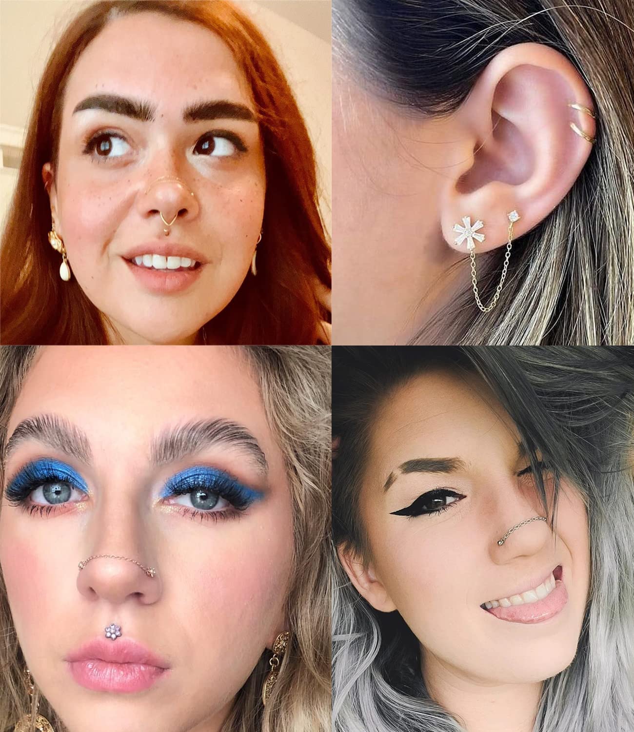 Masedy 20G Stainless Steel Nose Ring Stud Nose Ring Chain Piercing Across Double Nose Stud Heart Ball CZ Nose Studs Nostril Piercing Jewelry SL