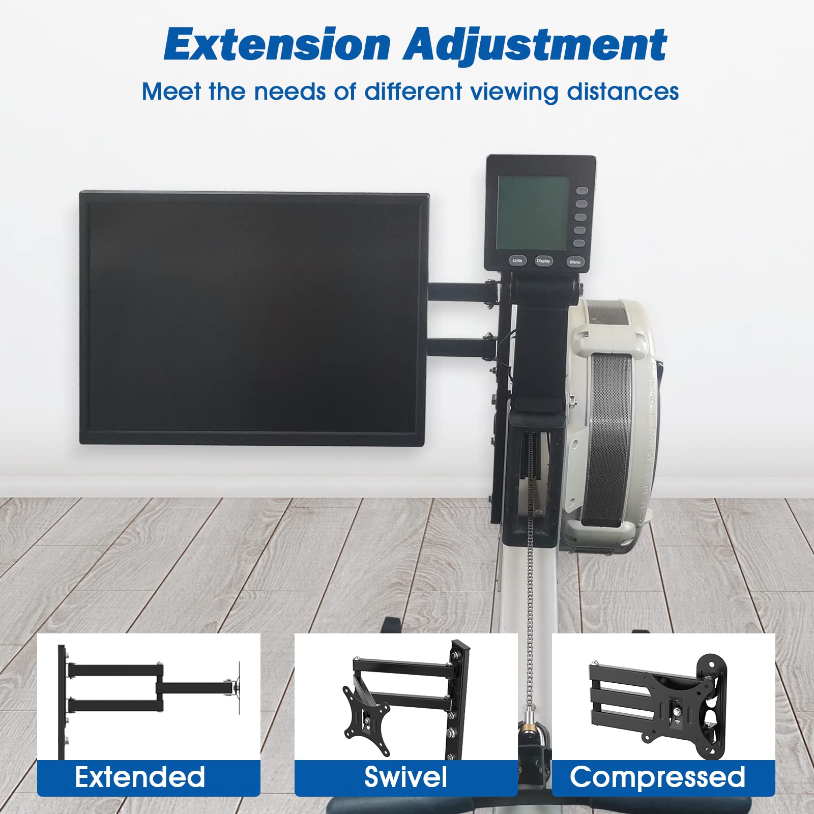 JISHAHS Monitor Mounting Arm for Concept 2 Rowing Machine, Horizontally Adjustable Articulating Arm for Most 12-27 Inch Flat Curved Screen TVs & Monitors Holds 30lbs, Ideal Accessory for C2 Rower