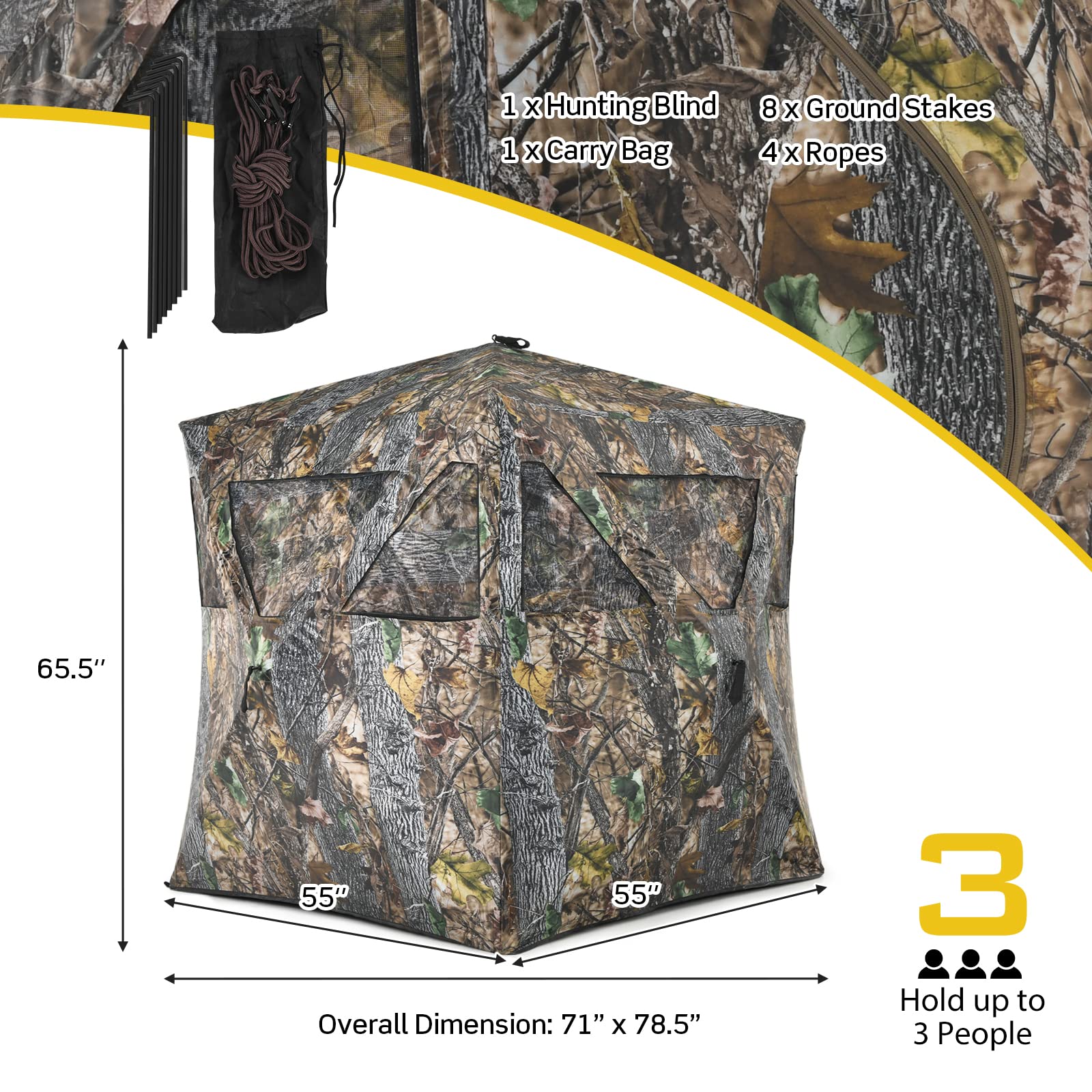 HAPPYGRILL Portable Hunting Blind with 360 Degree Mesh Windows, Pop up Camouflage Hunting Tent with Carrying Bag & Ground Stakes