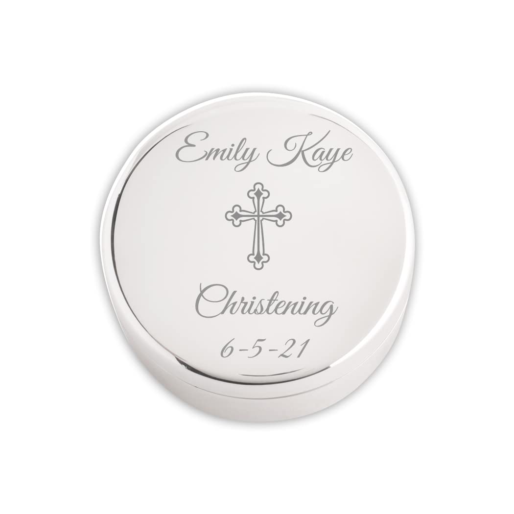Personalized Round Jewelry Keepsake Box with Custom Name and Engraved Cross with Message for Baby Christening Gift, Silver Toned