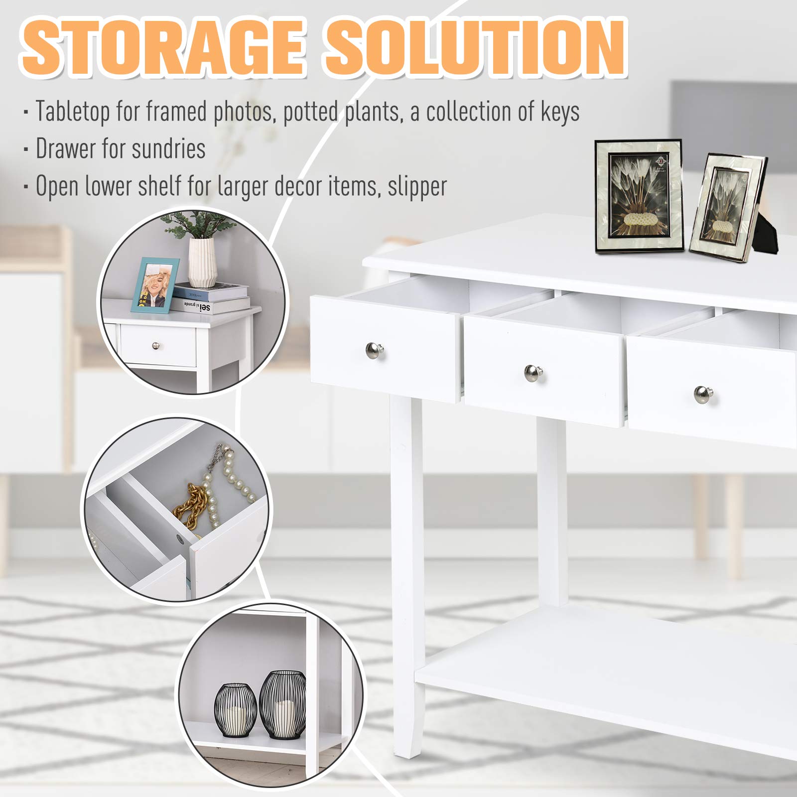 HOMCOM Console Table Industrial Desk with Drawer Bottom Shelf & Large Tabletop for Entryway or Living Room, White
