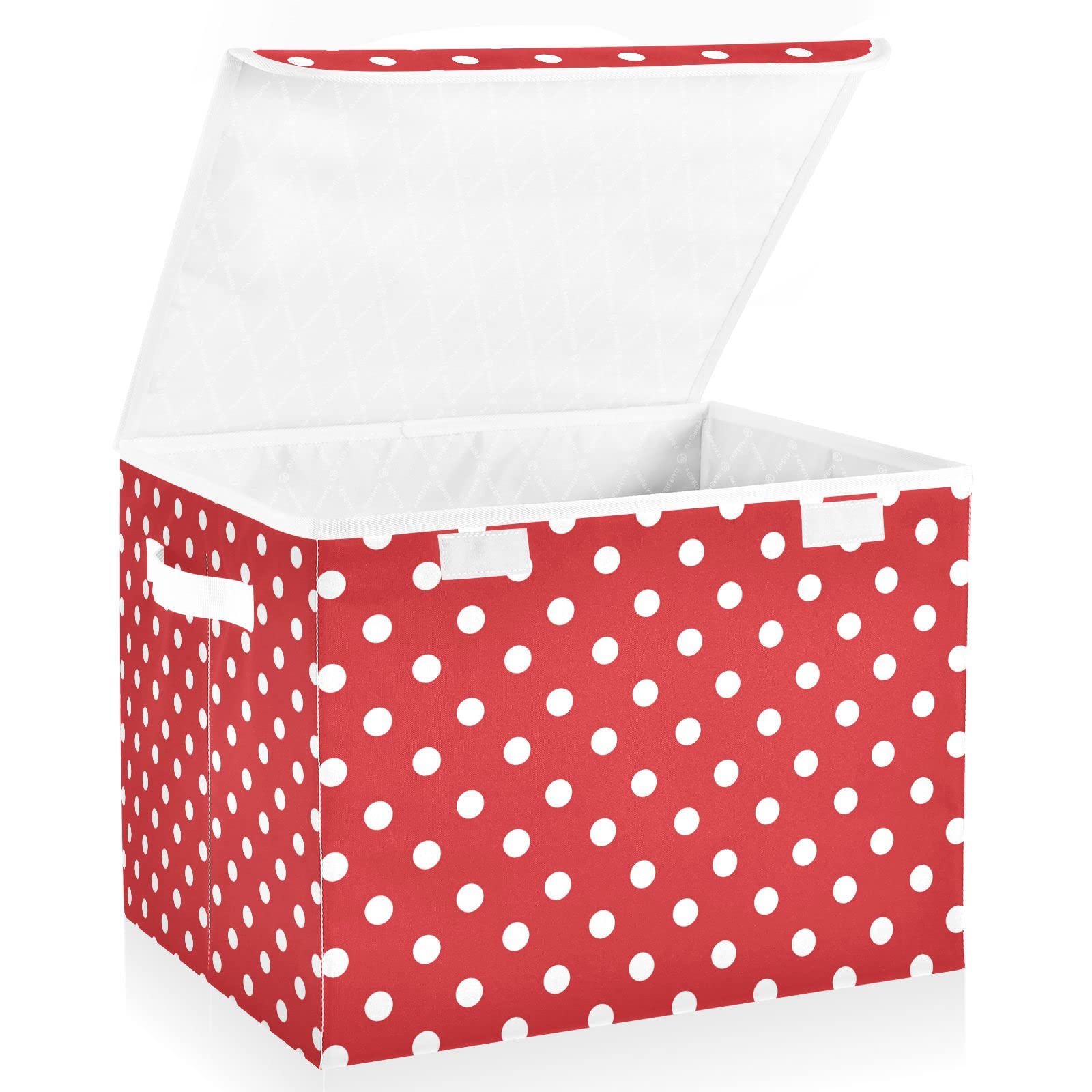 Kigai Storage Basket Red and White Polka Dot Storage Boxes with Lids and Handle, Large Storage Cube Bin Collapsible for Shelves Closet Bedroom Living Room, 16.5x12.6x11.8 In