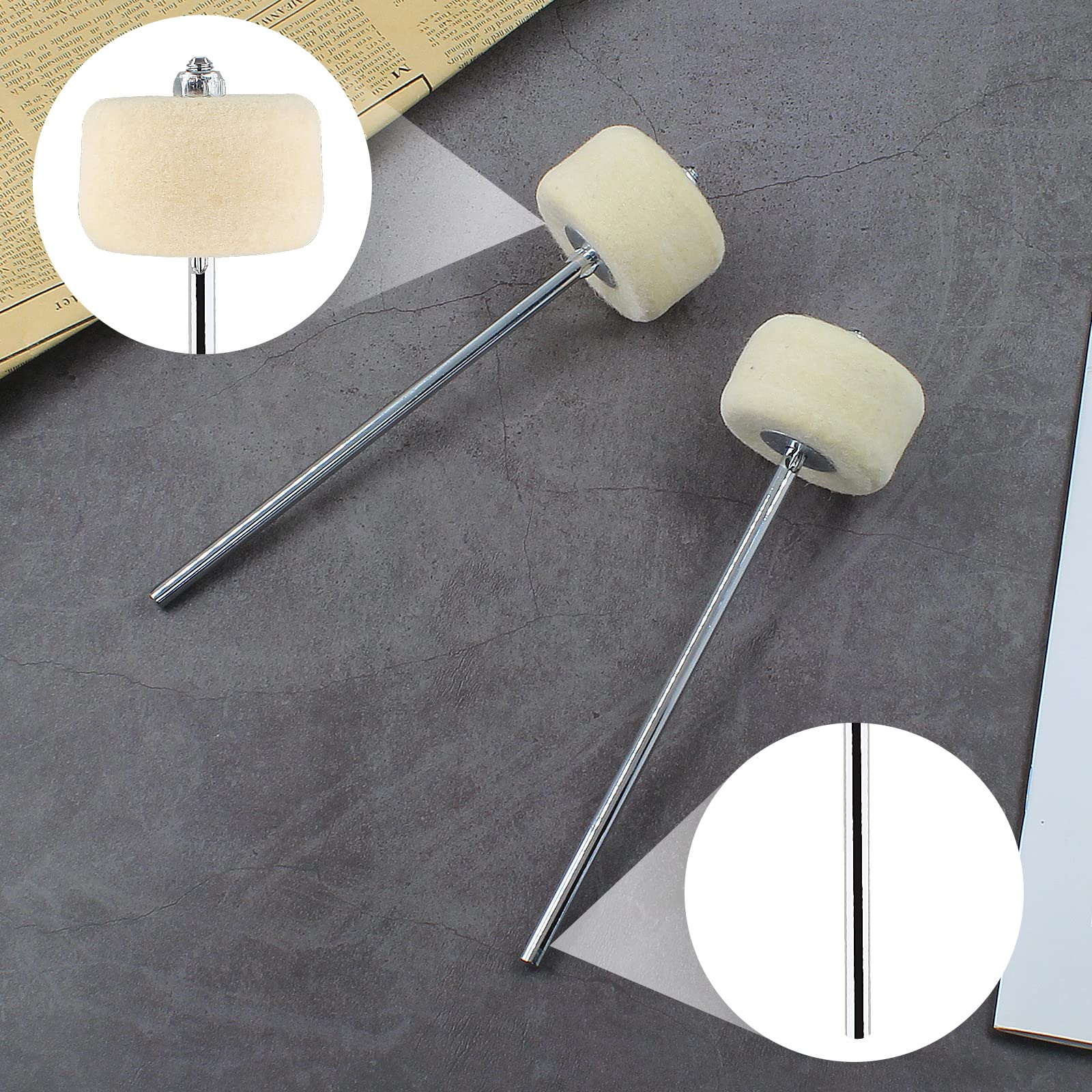 Lanzeuta Bass Drum Beater White Felt Kick Drum Beater with Stainless Steel Shaft Percussion Instrument Accessory Part - 2 Pcs