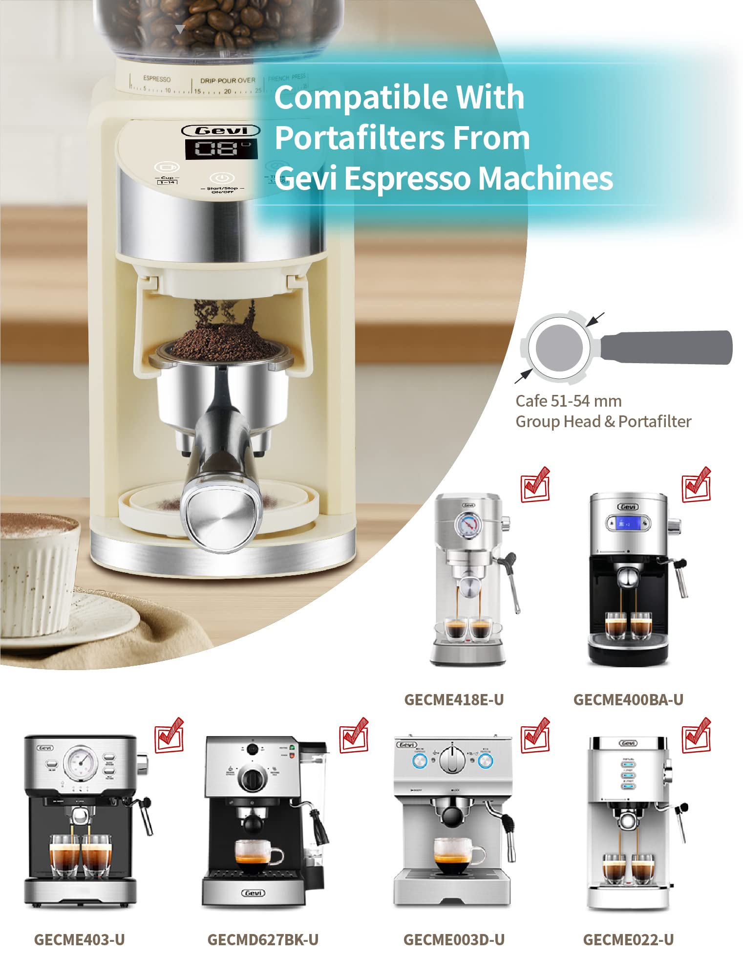 Gevi 20 Bar Compact Professional Espresso Coffee Machine with Milk Frother for Espresso, Latte and Cappuccino Burr Coffee Grinder with 35 Precise Grind Settings, Beige, I406B-W