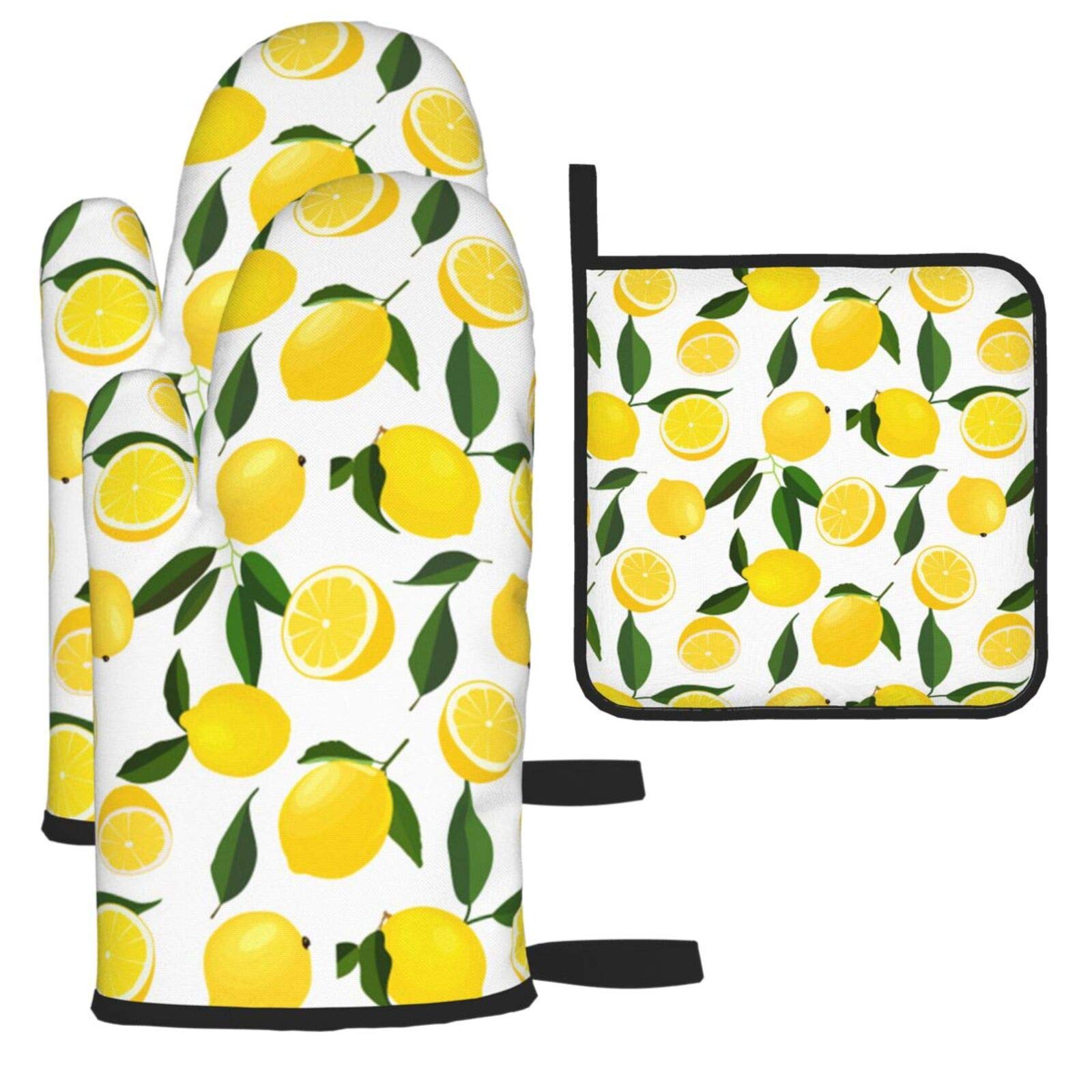 Lemon Oven Mitts and Pot Holders Sets of 3,Resistant Hot Pads with Polyester Non-Slip BBQ Gloves for Kitchen,Cooking,Baking,Grilling