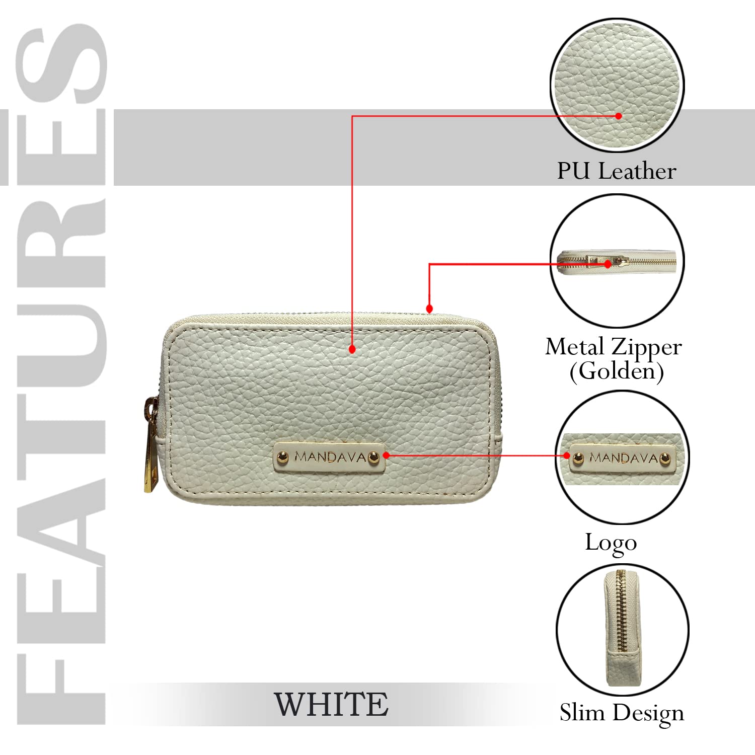 MANDAVA Women's PU Leather Mini Wallet | Ladies Slim Compact Card Holder Organizer Zipper Coin Purse (White)