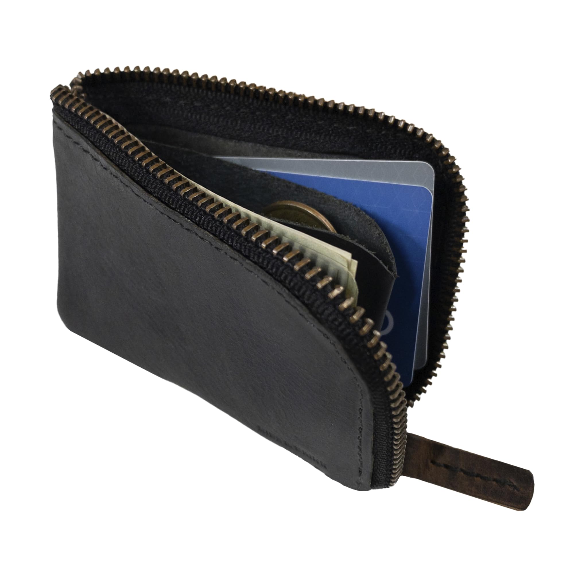 Hide & Drink, Zippered Card Wallet for Men and Women, Coin Pouch, Money Holder, Pocket Organizer, Full Grain Leather, Handmade, Charcoal Black