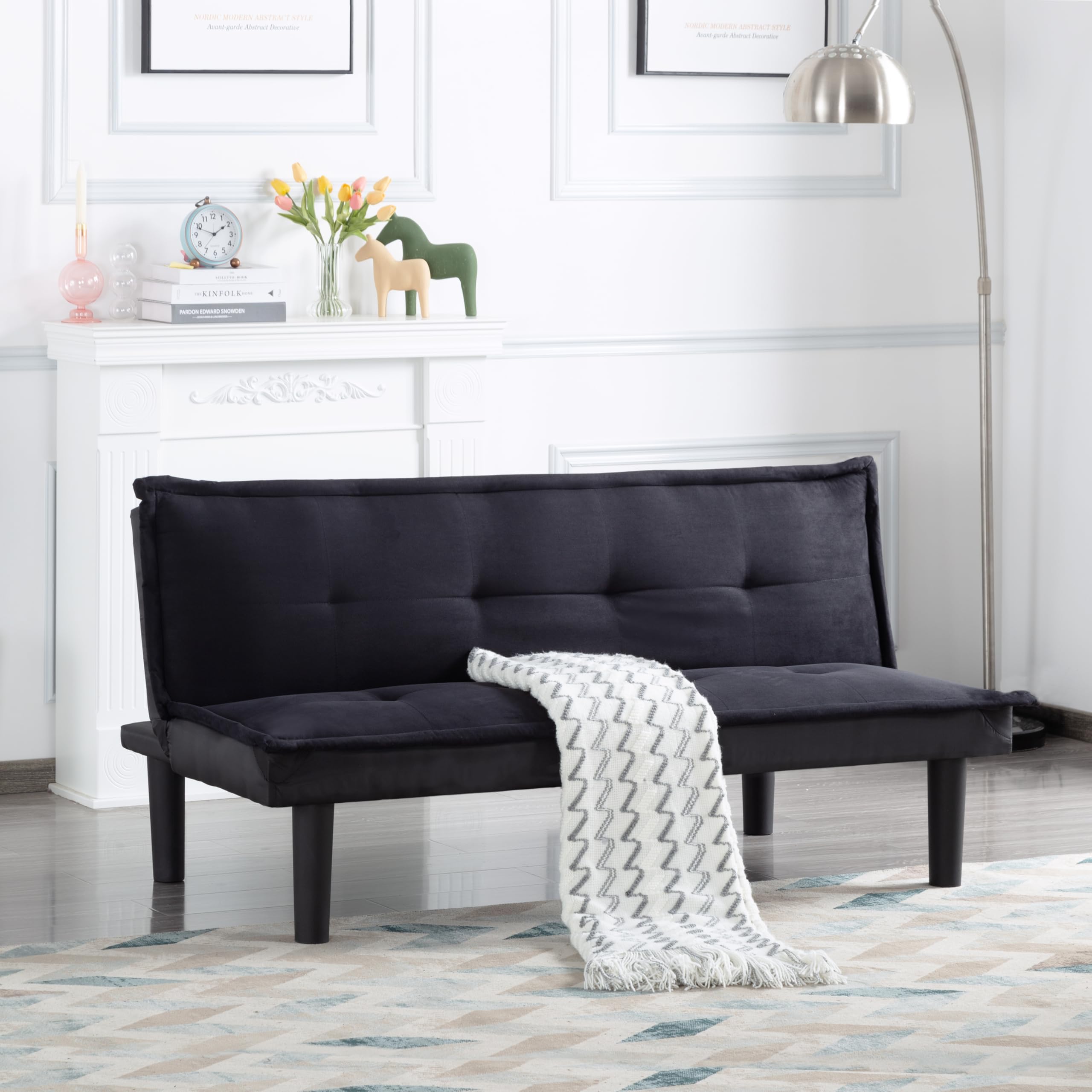 PVWIIK Convertible Folding Futon Sofa Bed, Faux Suede Upholstered Loveseat w/Plastic Legs, Sleeper Couch Recliner Lounge for Small Space Apartment Office Living Room, Black