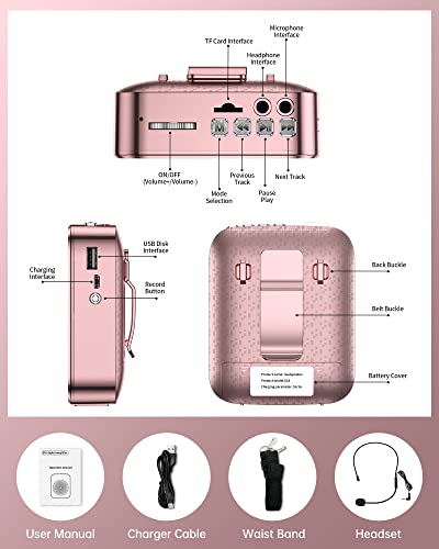 Uonkeus Portable Rechargeable Voice Amplifier Mini Wired Microphone Headset & Waistband Personal Power Amplifiers Loudspeaker for Teachers, Coaches, Tour Guides, Meeting, Presentation (Rose Gold)