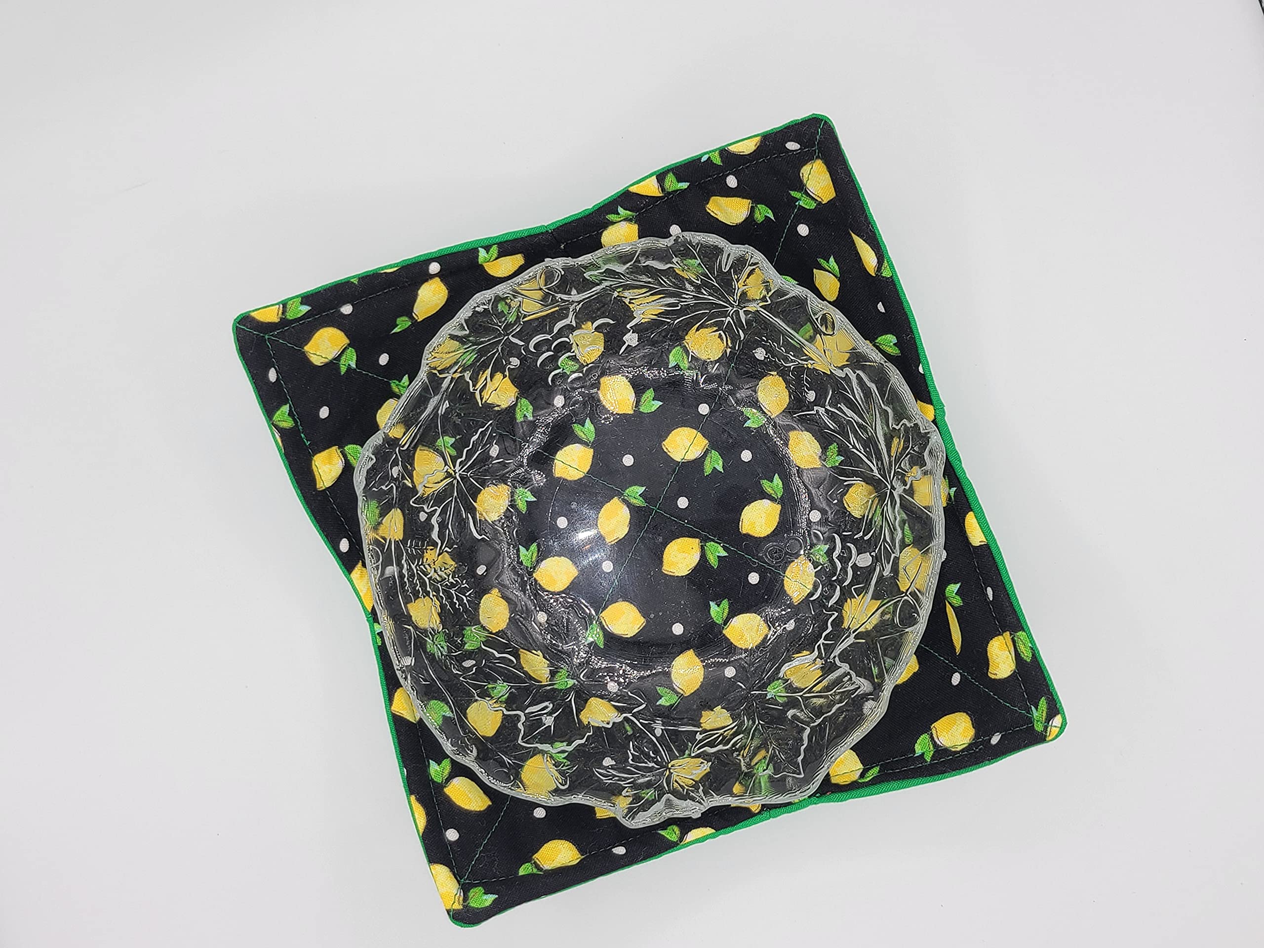 Lemon Polka Dot Microwave Bowl Cozy Vintage Inspired Reversible Microwaveable Potholder Retro Soup Buddy Kitchen Linens 50s Diner Handmade Housewarming Hostess Teacher Gifts Under 10