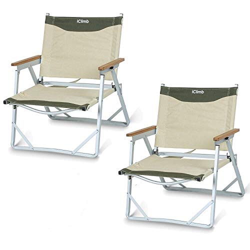 iClimb Ultralight Low Beach Concert Camping Folding Chair with Handle and Shoulder Strap (Beige - 2PC)