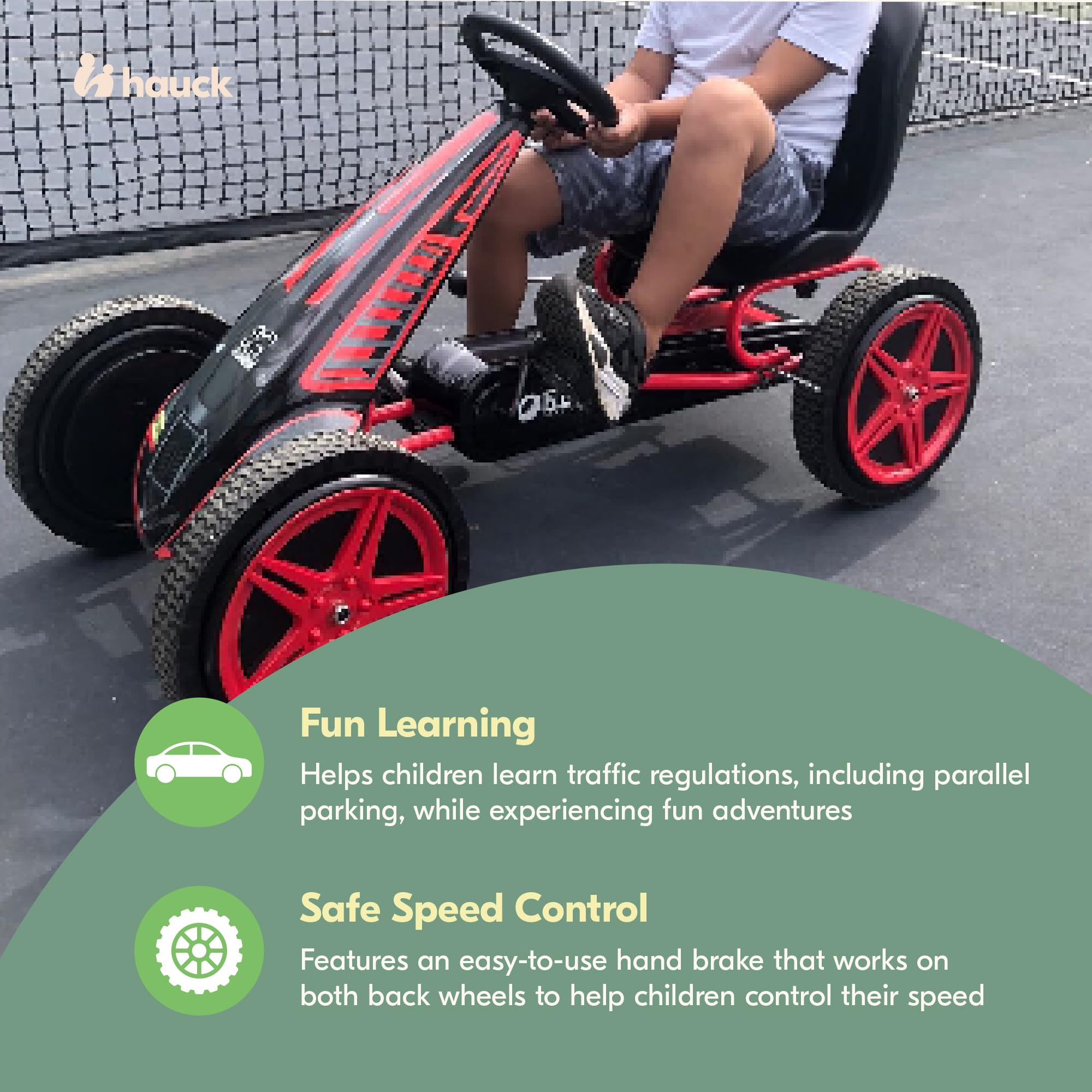 Hauck Hurricane Racing Go Kart w/ Low Profile Rubber Tires & Handbrake for Rear Wheels - Ride On Toy designed for Kids Ages 4-10 years