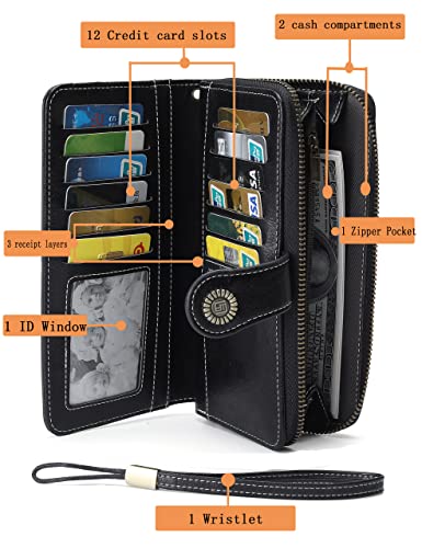 JJUQ Womens Wallet Leather Large Capacity Card Holder Zipper Wristlet Wallets for Women-black