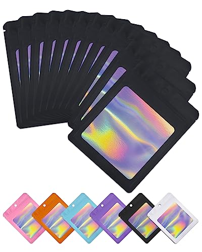 Holographic Bags Candy Bags 300 PCS (3x4.7 Inch, Black) Resealable Bags Packaging Bags with Clear Window Small Bags Foil Pouch Bags for Food Storage Small Business Christmas