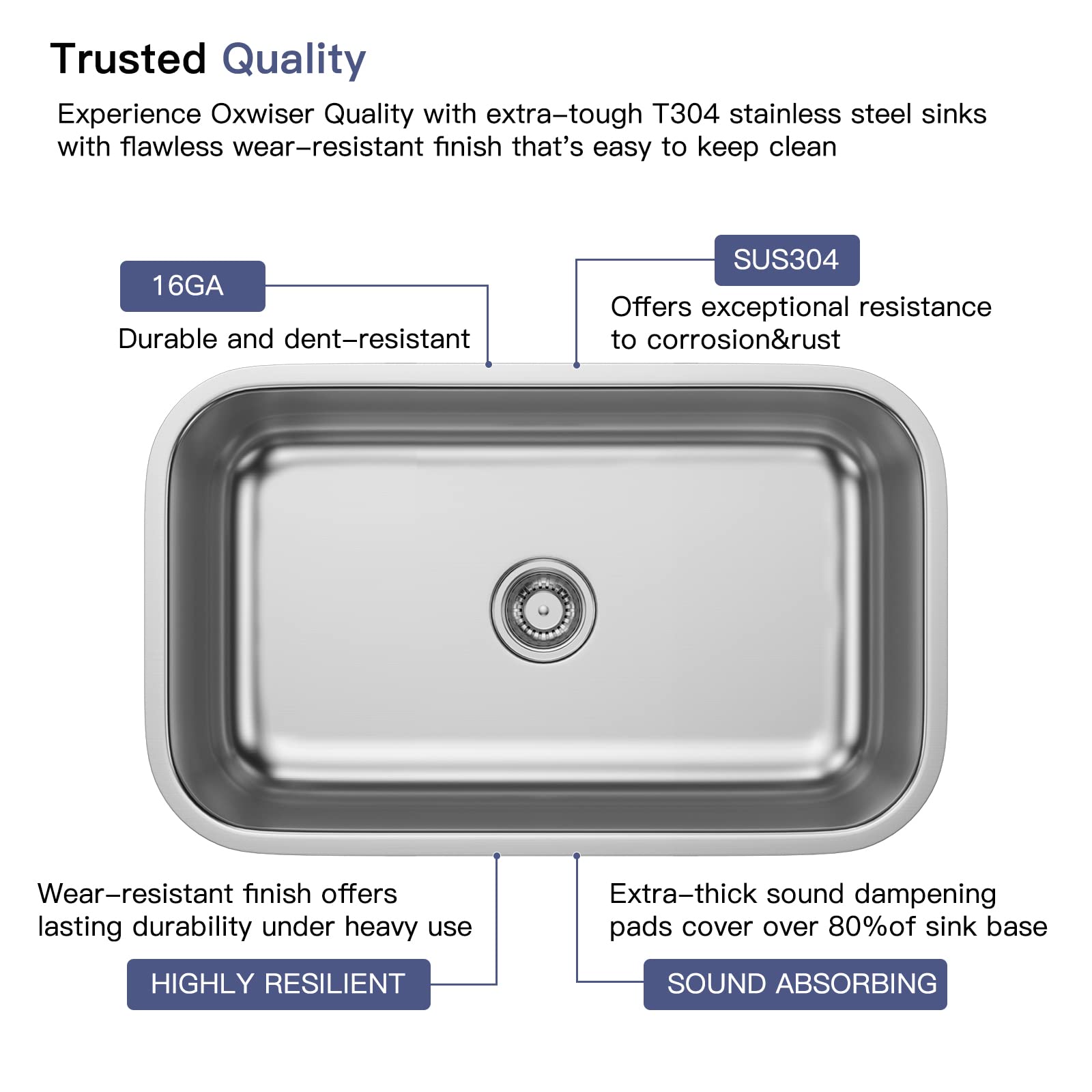 Kitchen Sinks, Oxwiser 30 inch Undermount Kitchen Sink, Single Bowl Kitchen Sink 16 Gauge Stainless Steel Sink, Fits 33" Cabinet