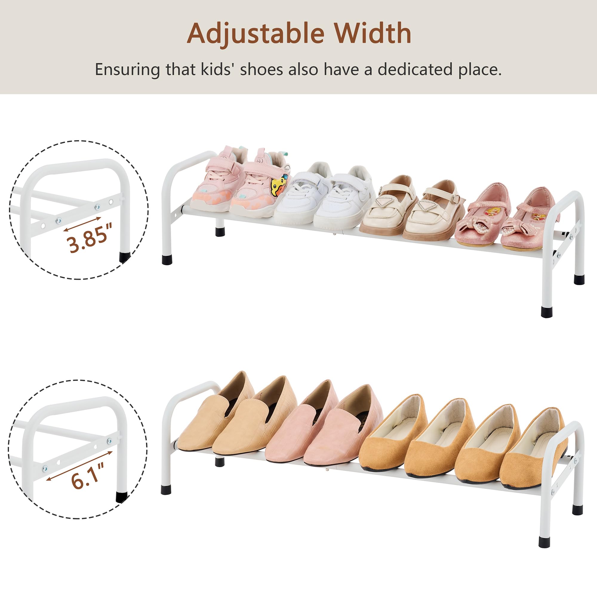 Gewudraw 1-Tier Shoe Rack Expandable, Width Adjustable Shoe Shelf Storage Organizer, 41.53'' Metal Standing Shoe Rack for Bedroom Entryway Closet, Holds up to 6 Pairs Shoes, White