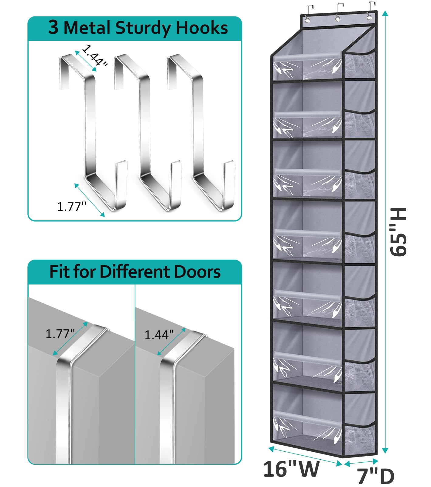 KIMBORA 7 Tier Hat Rack for Baseball Caps, Over Door Baseball Hat Organizer Hold 80 Hat Storage for Closet/Wall with 14 Side Mesh Pockets Cap Holder (Gray)