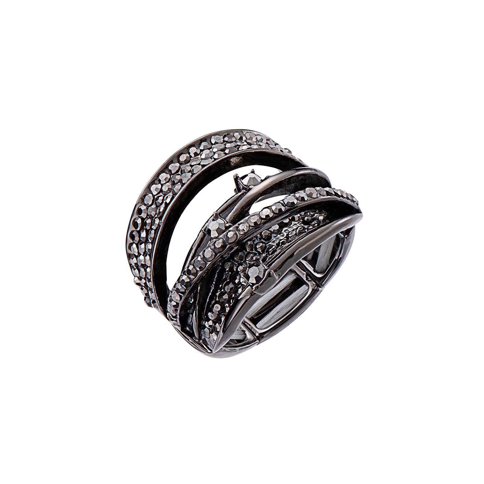 Luxurious Fashion Gun Black Plated Rhinestone Crystal Elastic Adjustable Stretch Adjustable Costume Cocktail Rings for Women