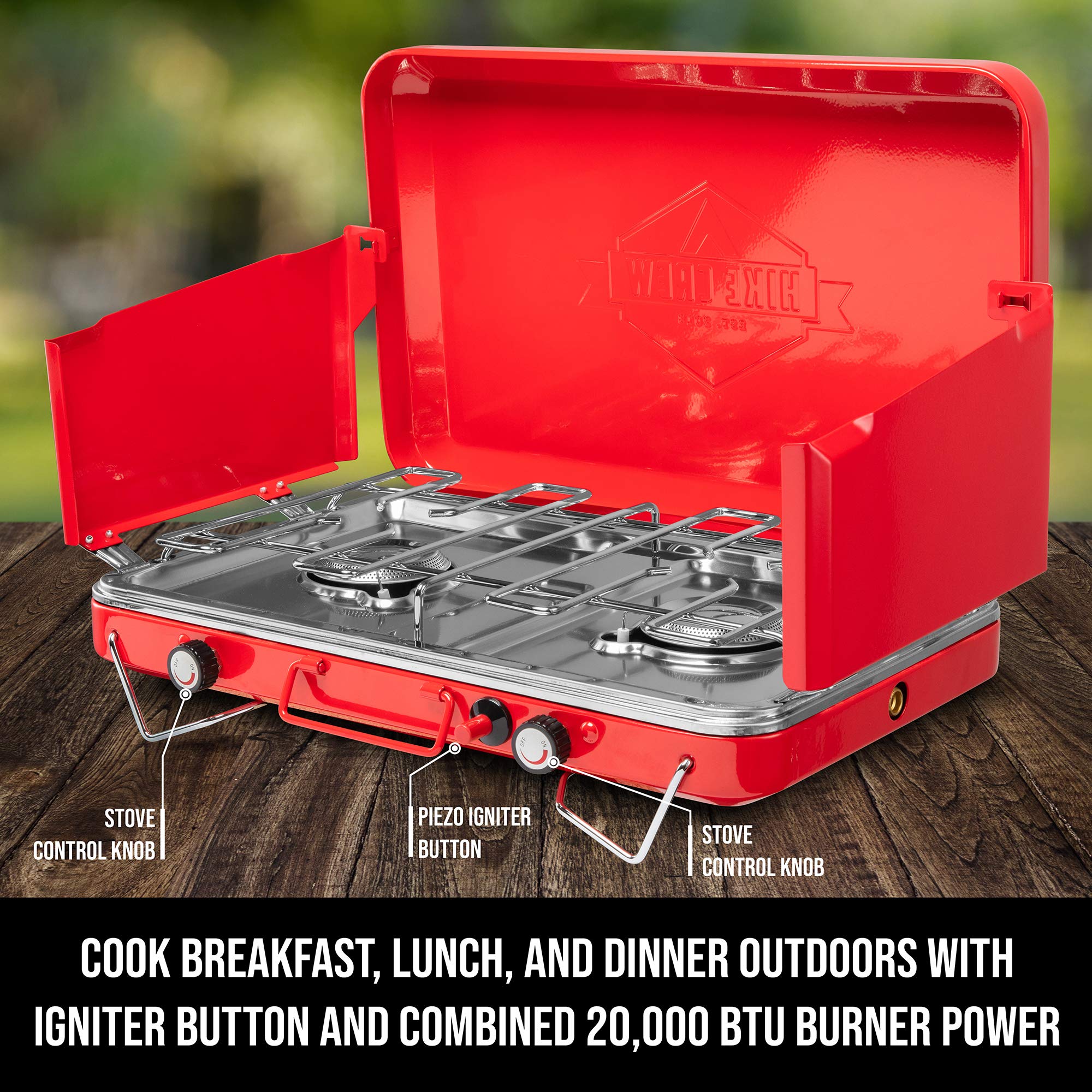 Hike Crew Gas Camping Stove | 20,000 BTU Portable Propane 2 Burner Stovetop | Integrated Igniter & Stainless Steel Drip Tray | Built-in Carrying Handle, Foldable Legs, Wind Panels | Includes Regulator