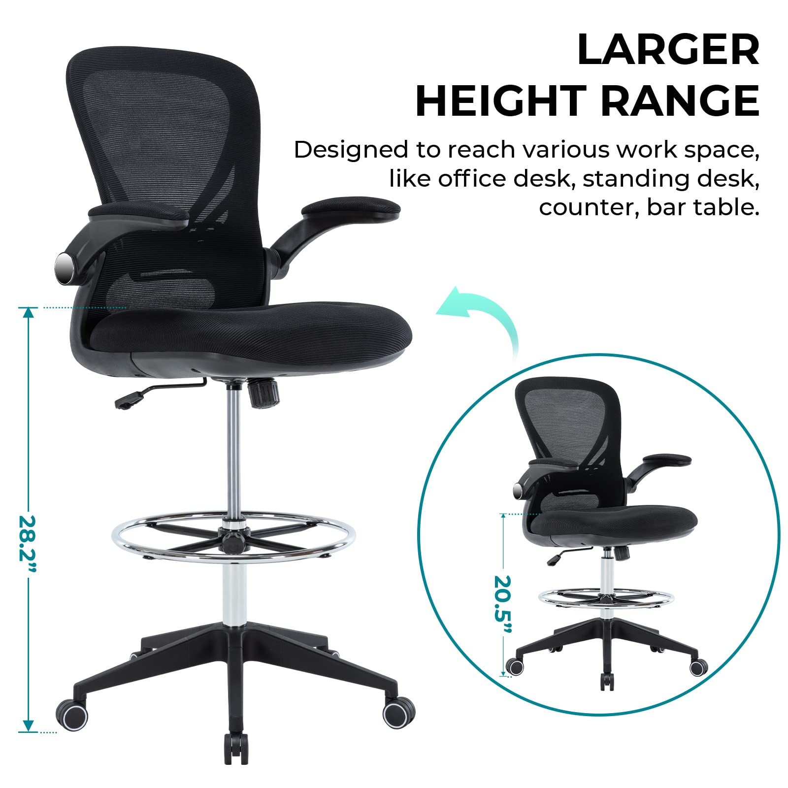 Hramk Drafting Chair, Tall Office Chair with Flip-up Arms, Mid Back Standing Desk Chair with Adjustable Foot Rest (Black)
