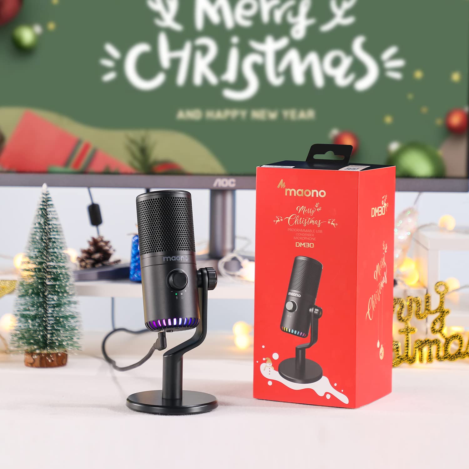 MAONO USB Gaming Microphone for PC, Programmable Condenser Mic with RGB Light, Mute, Gain, Monitoring, Volume Control for Streaming, Podcast, Twitch, YouTube, Discord, Computer, Mac, PS5, DM30
