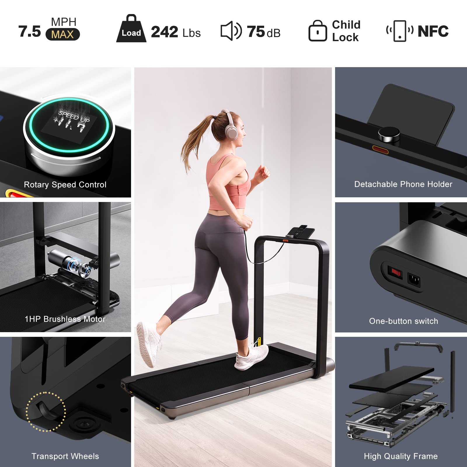 KingSmith WalkingPad X21 Folding Treadmill Double Fold and Stow 7.5 MPH Running Machine Foldable Treadmill Walking Pad for Home and Office Black