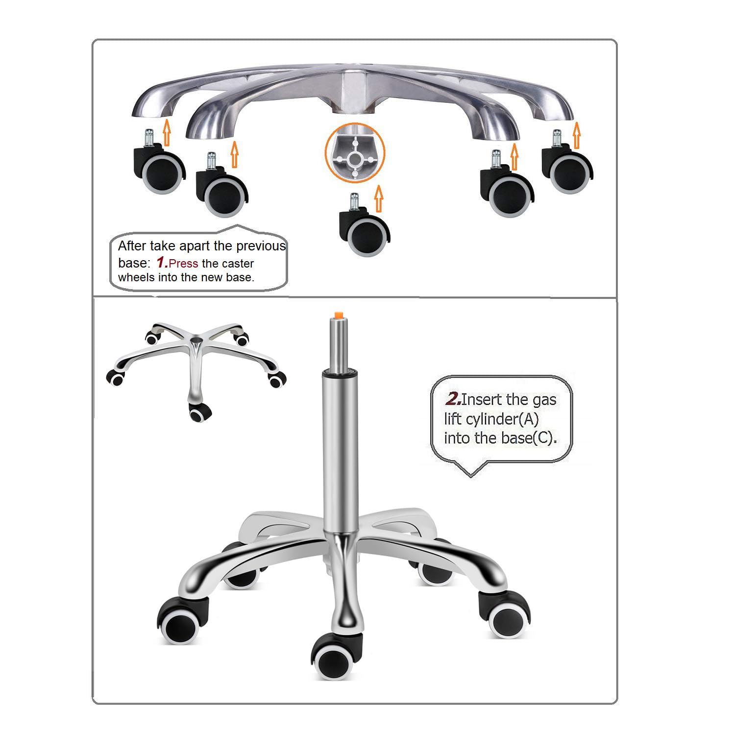 Kaleurrier Stool Chair Base,Salon Stool Office Stool Replacement Parts,Reinforced Sturdy Aluminum 5 Legs Base,Heavy Duty Holds up 300 lbs,in Universal Standard Size