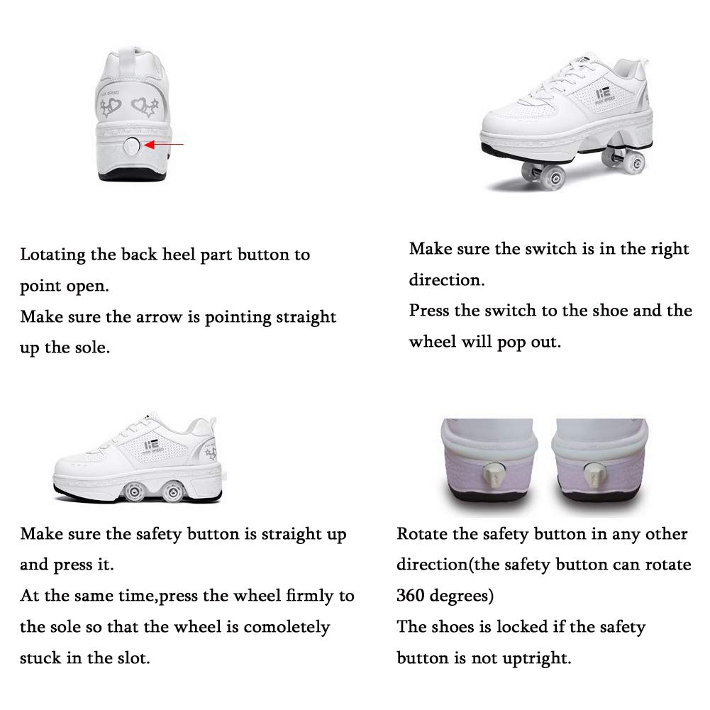 KOFUBOKE 2-in-1 Roller Skates & Sneakers Unisex Retractable Wheels Outdoor Fun & Fitness Kick Roller Shoes (White Without Light, 8)