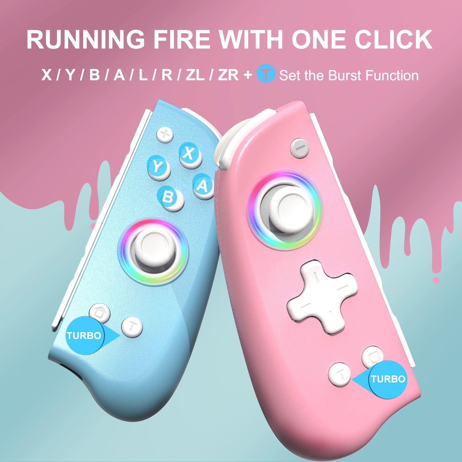 momen Wireless L/R Joypad for Switch/Switch Lite/OLED, Replacement for Joycon with Adjustable LED Light Turbo Vibration Motion Wake-up Function Cute Kawaii Gamepad Remote Pro Controller -PinkBlue