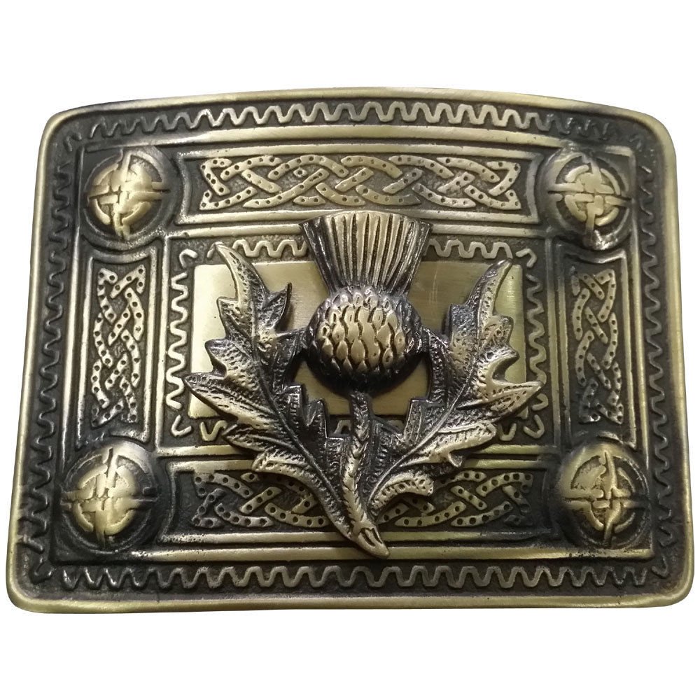 Kilt Belt with Buckle Scottish Kilts Sporran with Badge Style Thistle/Kilt Pin/Fly Plaid Brooch 5 piece Set (Medium)