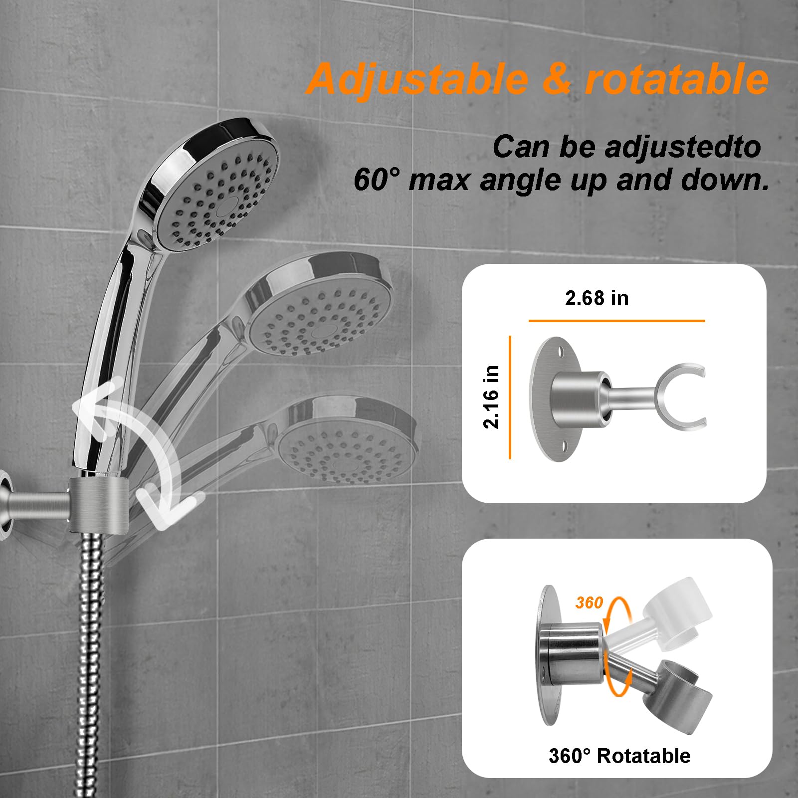 InterMaka Shower Head Holder - 360° Adjustable Stainless Steel Handheld Shower Head Bracket Holder, Shower Wand Holder Wall Mount, Nail or Adhesive Installation Shower Spray Holder for Bathroom