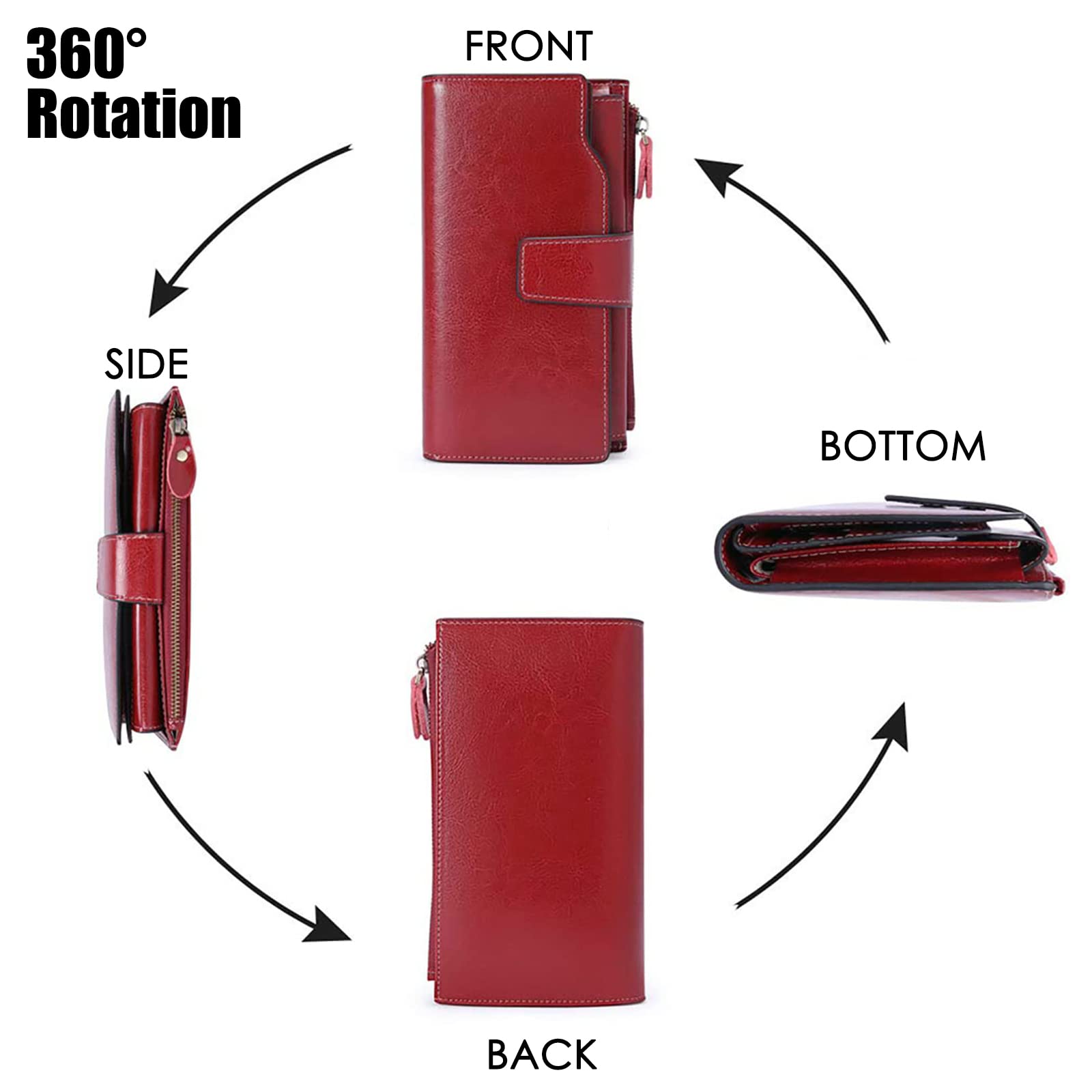 KELEEL Women Wallet RFID Blocking Large Capacity Genuine Leather Purse with ID Window Card Holder Organizer Zipper Pocket Clutch (Wine Red)