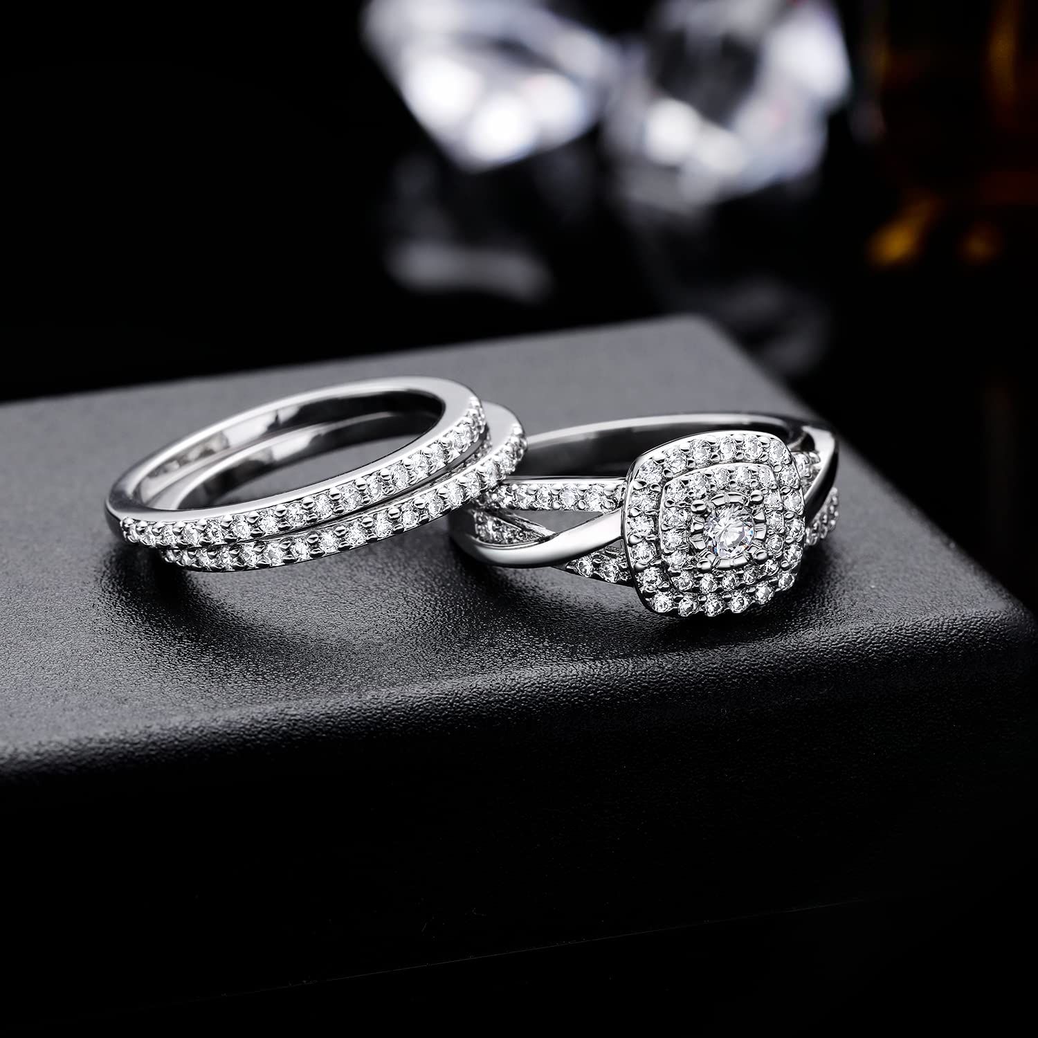 MDFUN Three-in-One ring set Square Halo Wedding Band Set Engagement Ring 18K White Gold Plated Cubic Zirconia Promise ring Eternity Ring for Women Size 8
