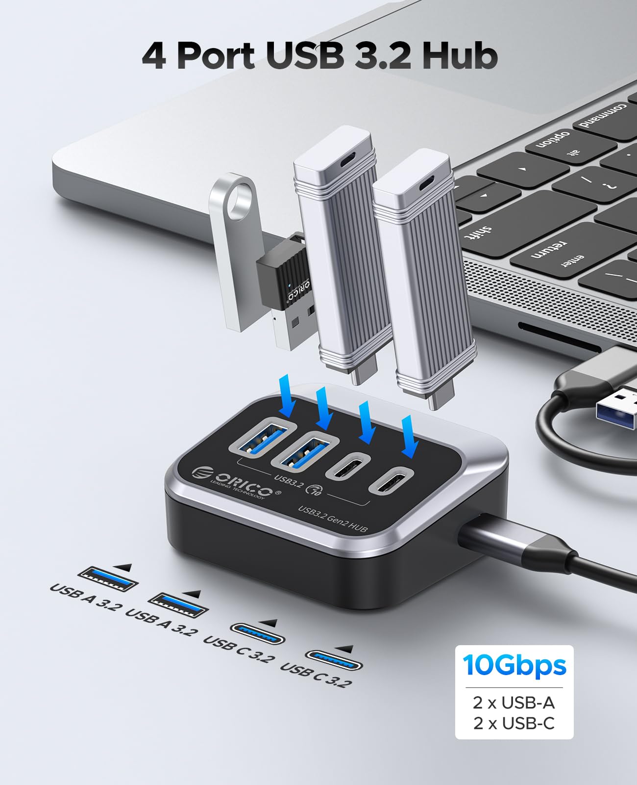 ORICO USB Hub 10Gbps with 2 USB A Ports+2 USB C Ports, USB 3.2 Gen 2 Hub with 1.64Ft USB-C Cable and USB-A Adapter USB Splitter for iMac, All MacBooks, Mac Mini