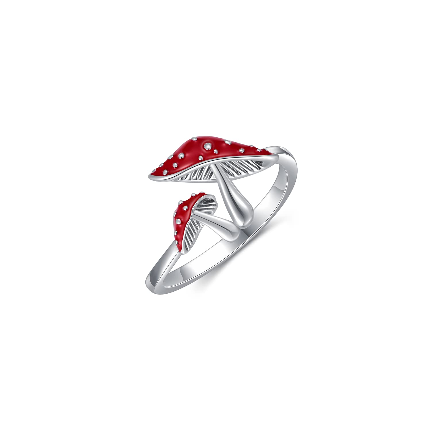 LONAGO Mushroom Ring for Women 925 Sterling Silver Red Mushroom Band Ring (Size 7)