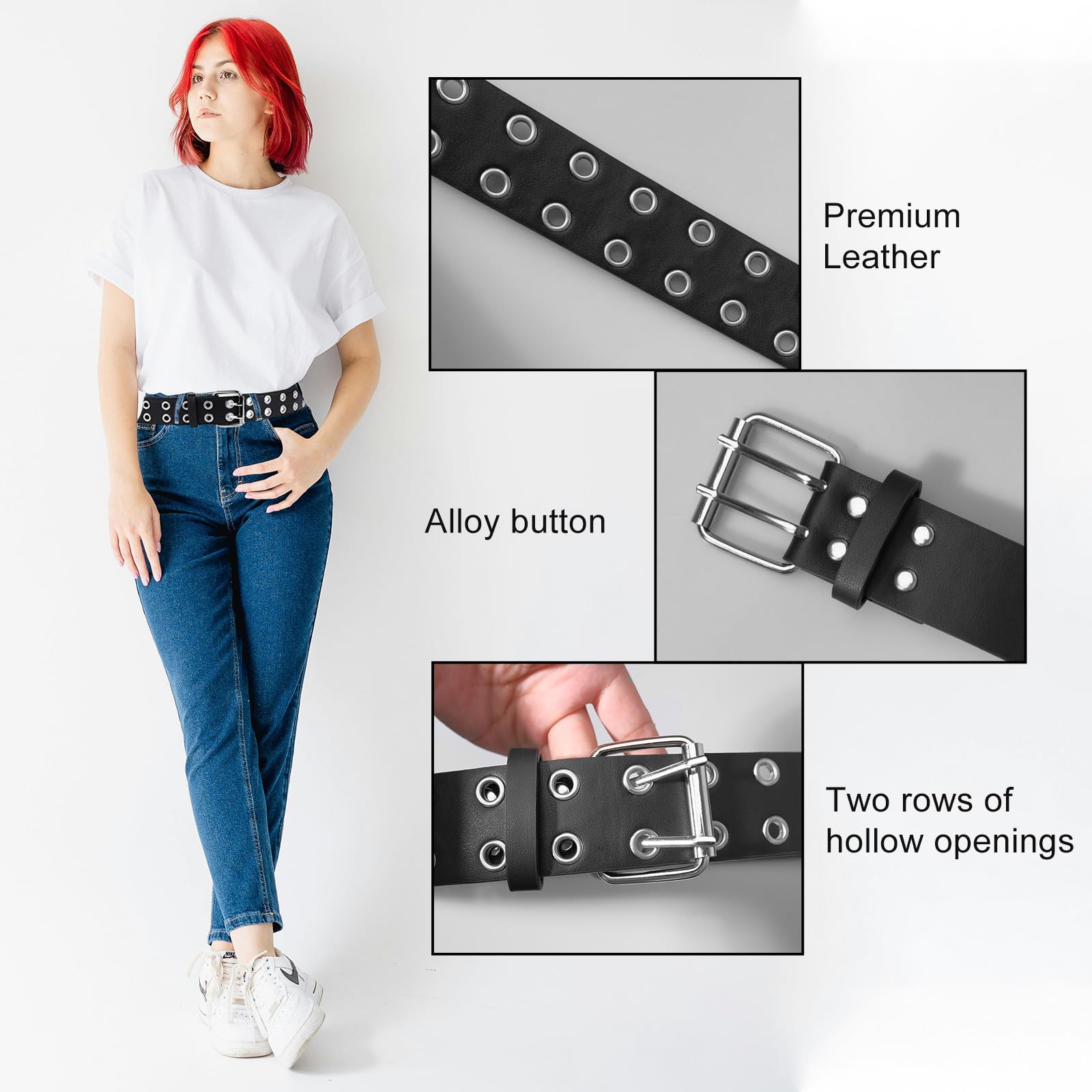 Olutacot 4 Piece Studded Rivet Double Grommet Belt Set - Faux Leather Gothic Goth Black - Punk Style Accessories for Men Women - Ideal Gift