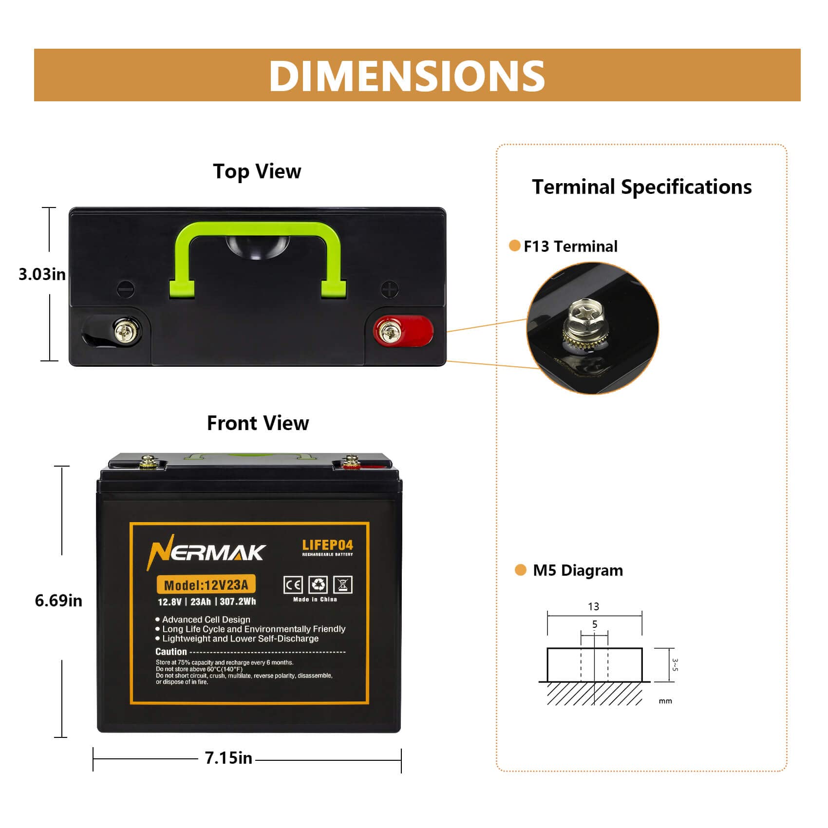 NERMAK 12V 23Ah Lithium LiFePO4 Deep Cycle Battery, 2000+ Cycles Lithium Iron Phosphate Rechargeable Battery for Solar/Wind Power, Lighting, Marine, Outdoor Camping, Fish Finder, Built-in 24A BMS